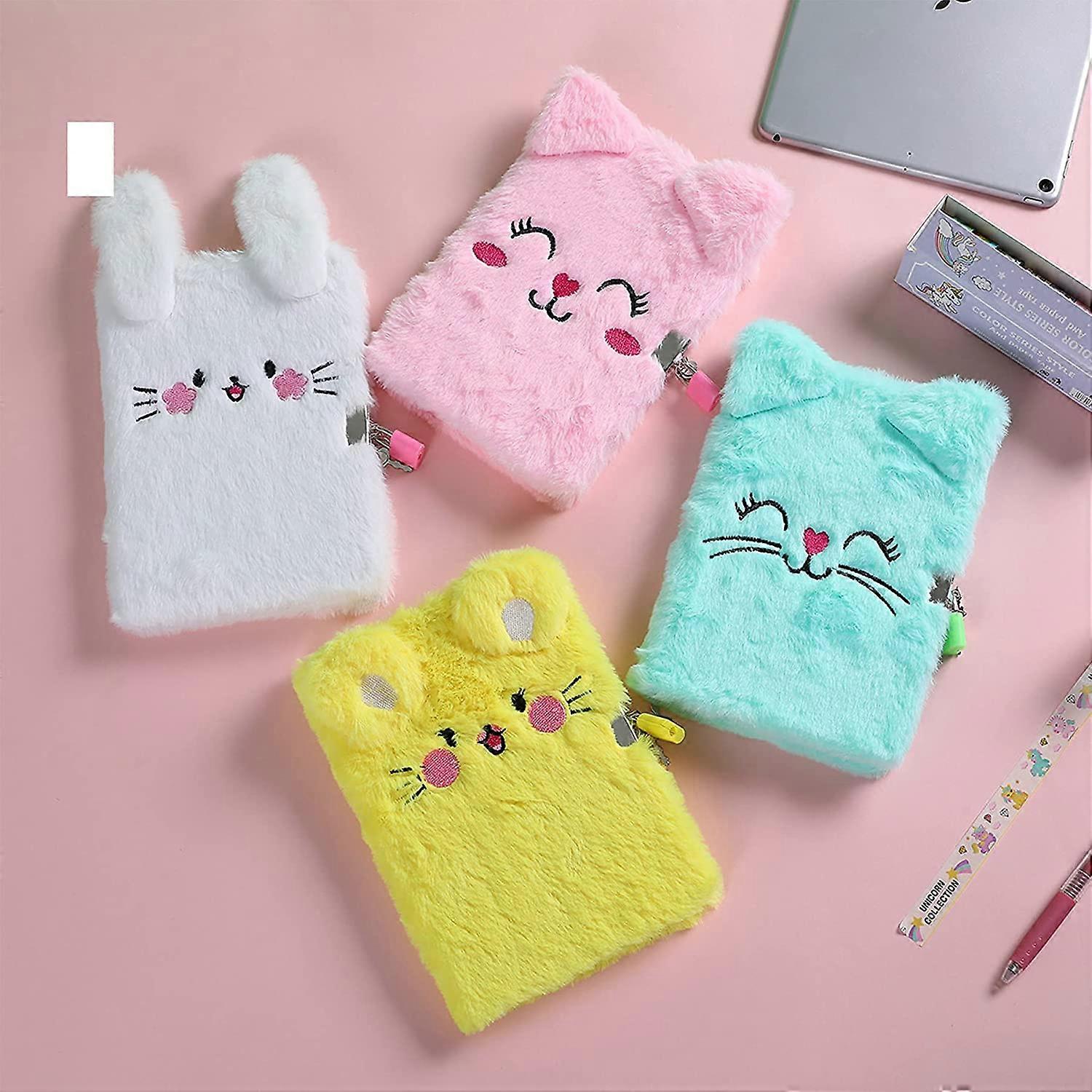 Cute Cat Face Plush Diary with Lock and Key, A5 Lined Hardcover Secret ...