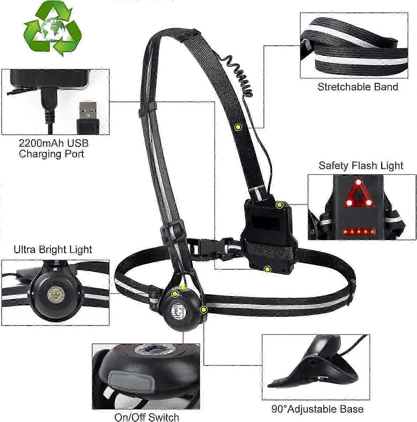 Biking Night Running Lights, USB Rechargeable Chest Light with 90 ...