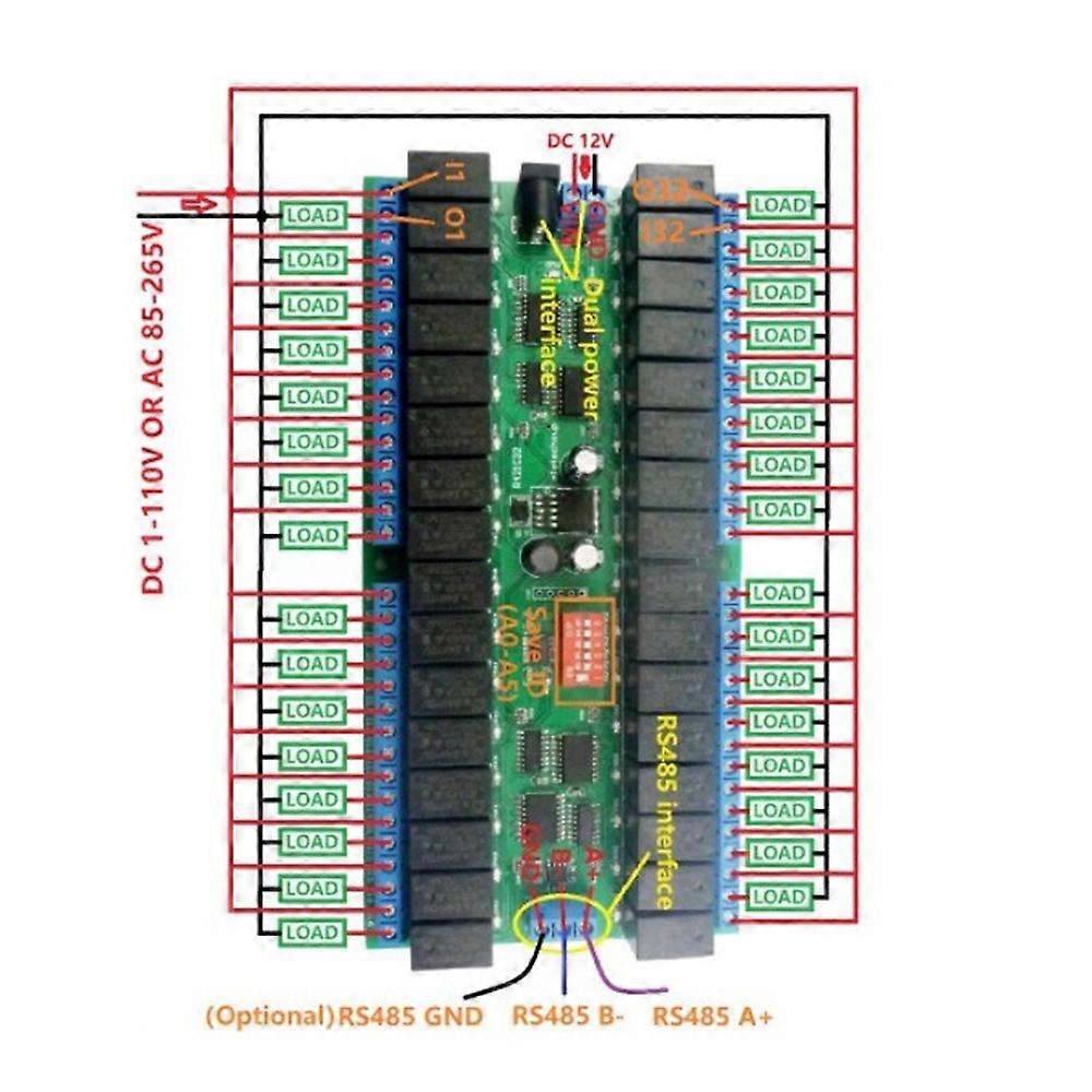 32Ch Modbus RTU RS485 Relay Switch Board UART Serial Port Module DIN ...