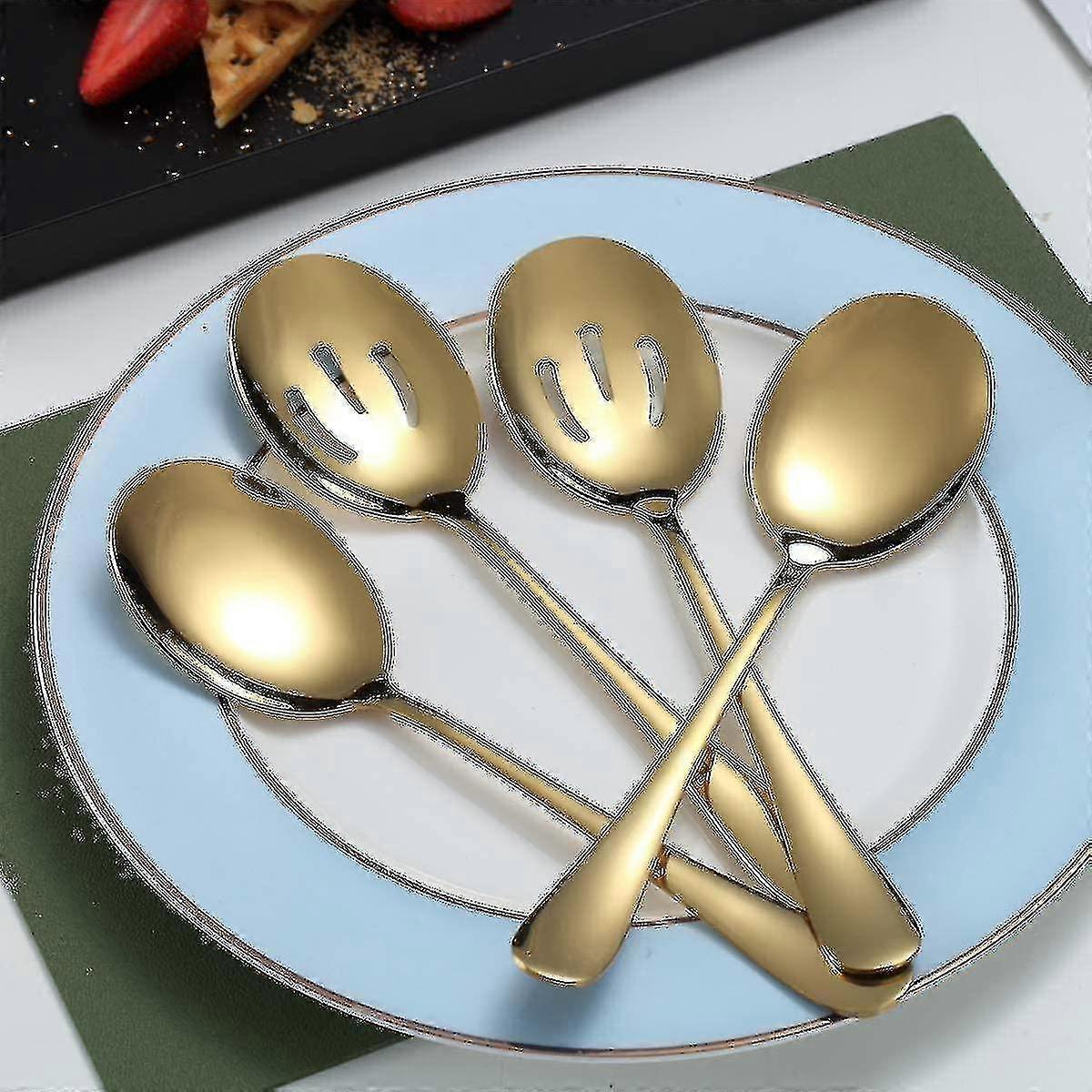 Gold Serving Spoons 4 Pcs, Includ 2 Serving Spoons 2 Slotted Spoons ...