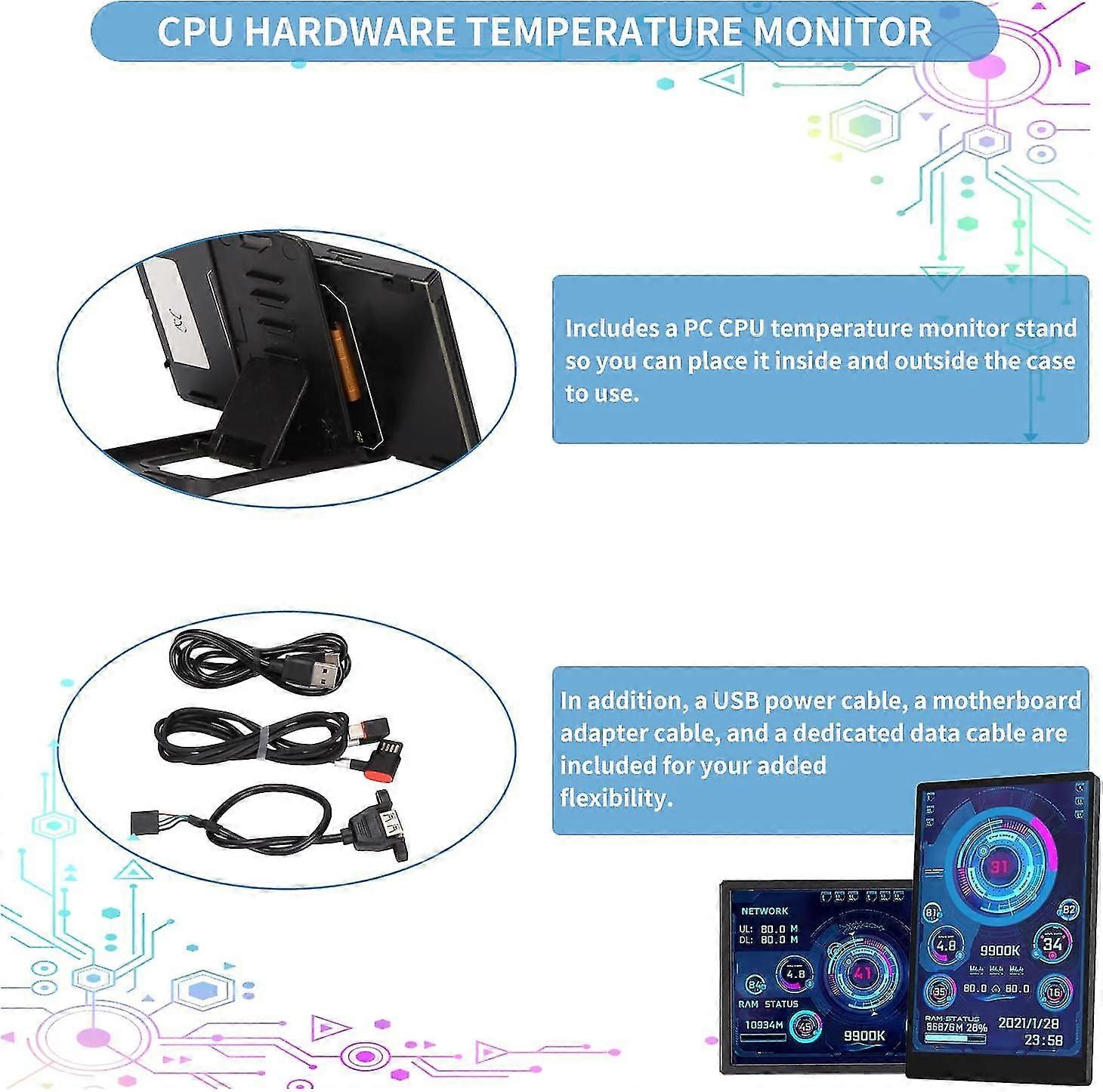 3.5" Computer Temp Monitor, 320480 IPS Full Viewing Angle 360 Rotatable ...