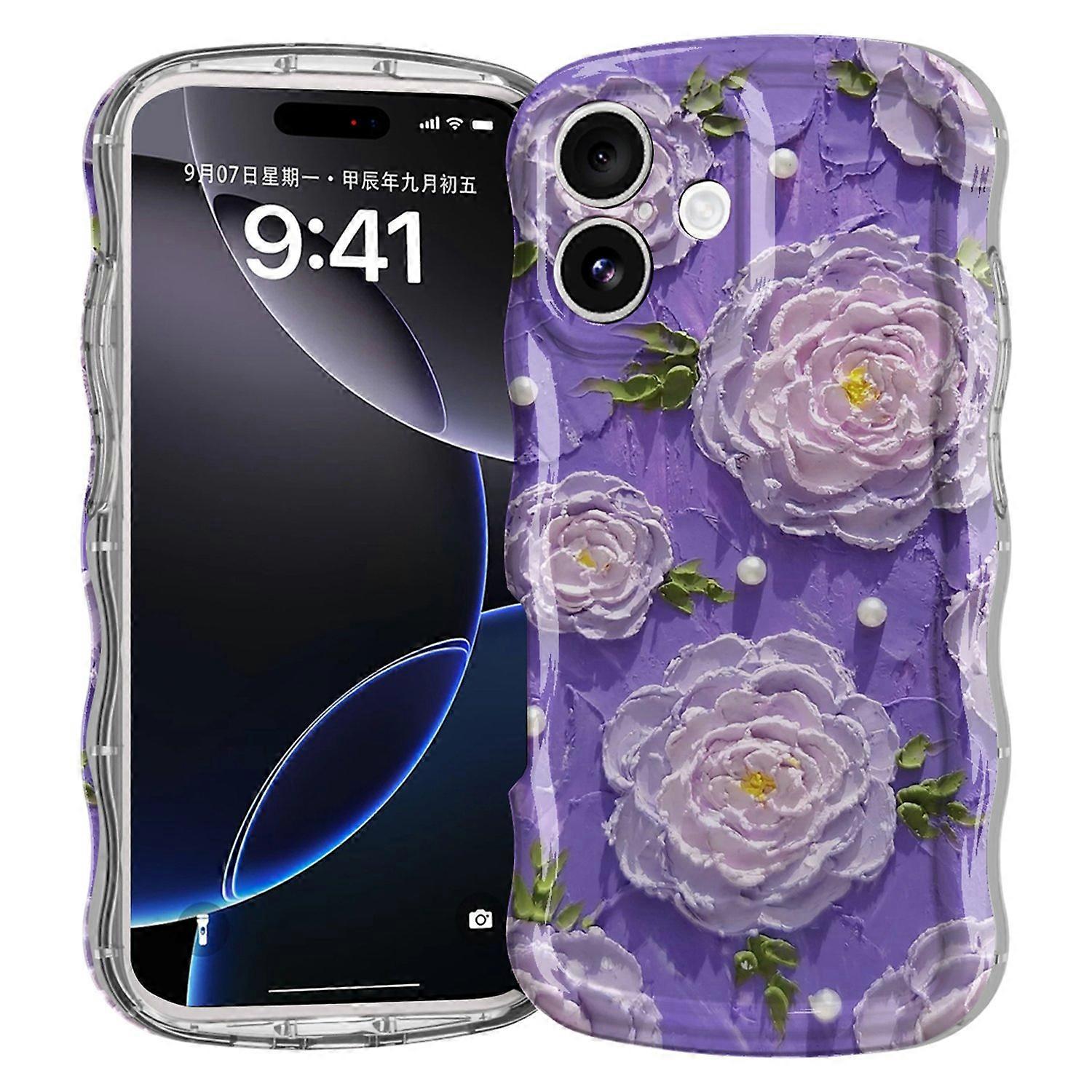 For iPhone 16 Case Curly Wave Frame Floral IMD TPU Phone Cover-GWL10222 ...