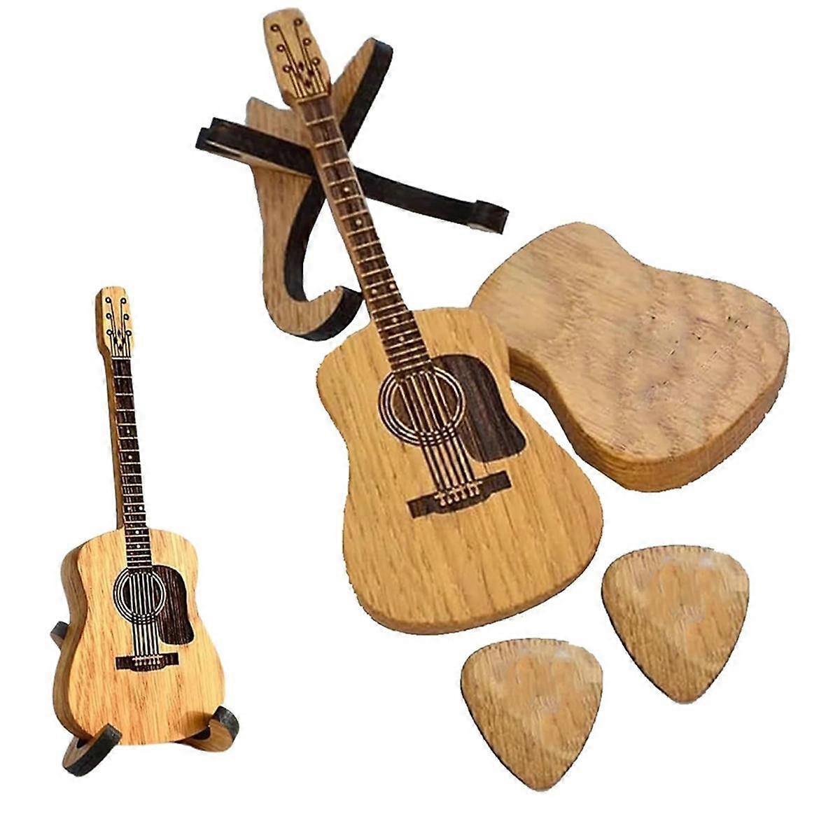 Wooden Guitar Shaped Guitar Picks Holder with Stand, Wooden Acoustic ...