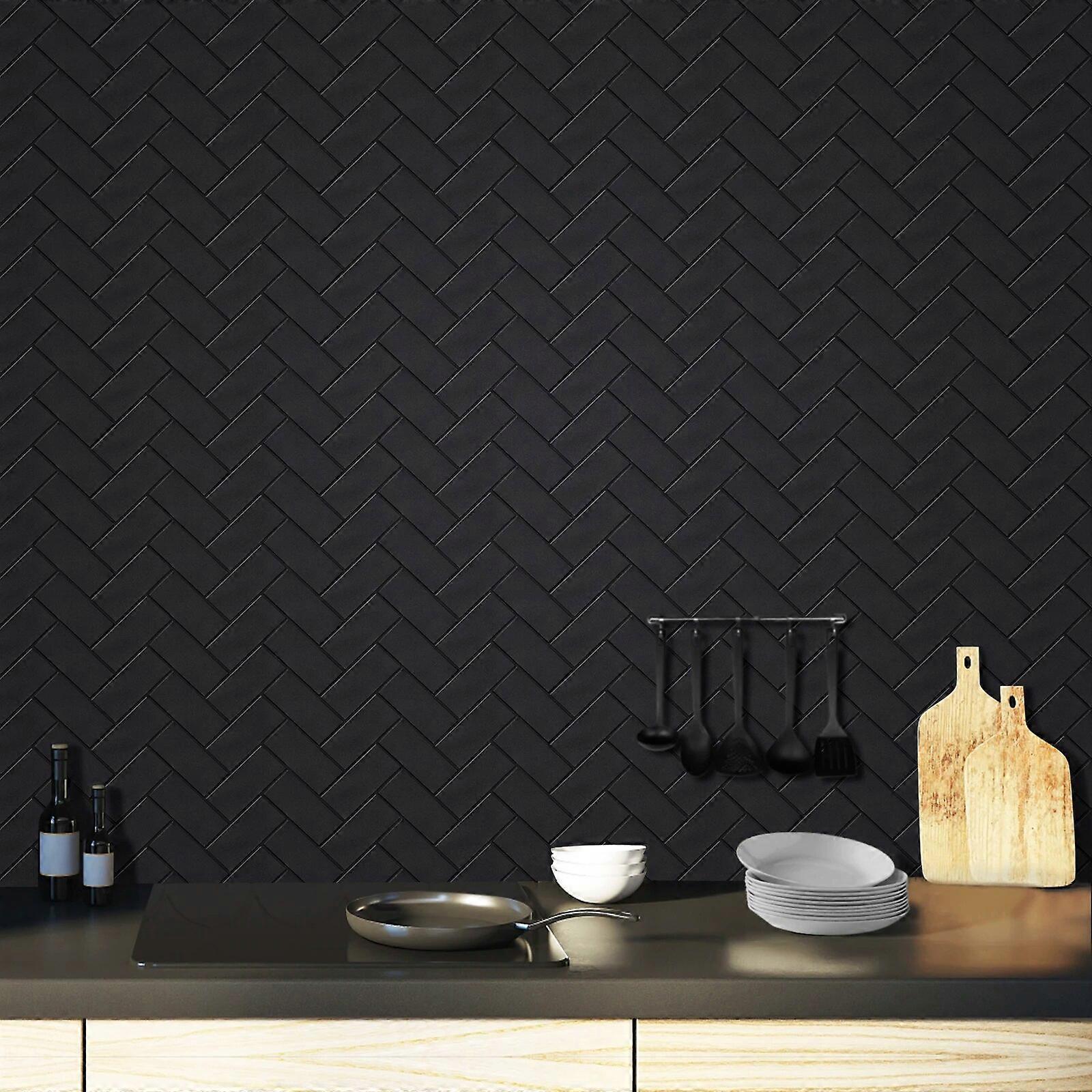 Black Herringbone Style Wall Tiles DIY Kitchen Backsplash Peel And ...