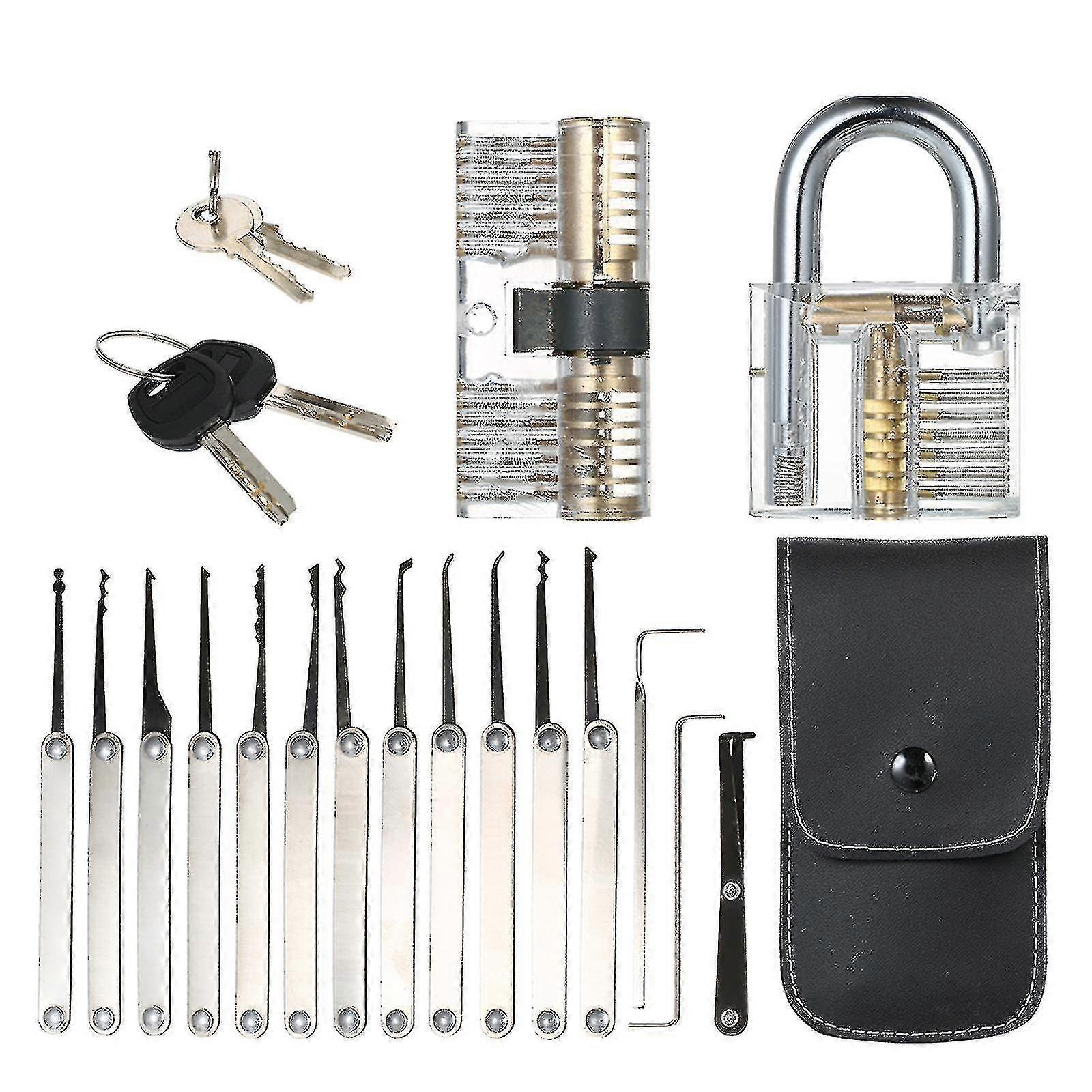 Transparent 15pcs Lock Picking Set Kit Tool With Two Transparent Practice Training Padlock Lock ...