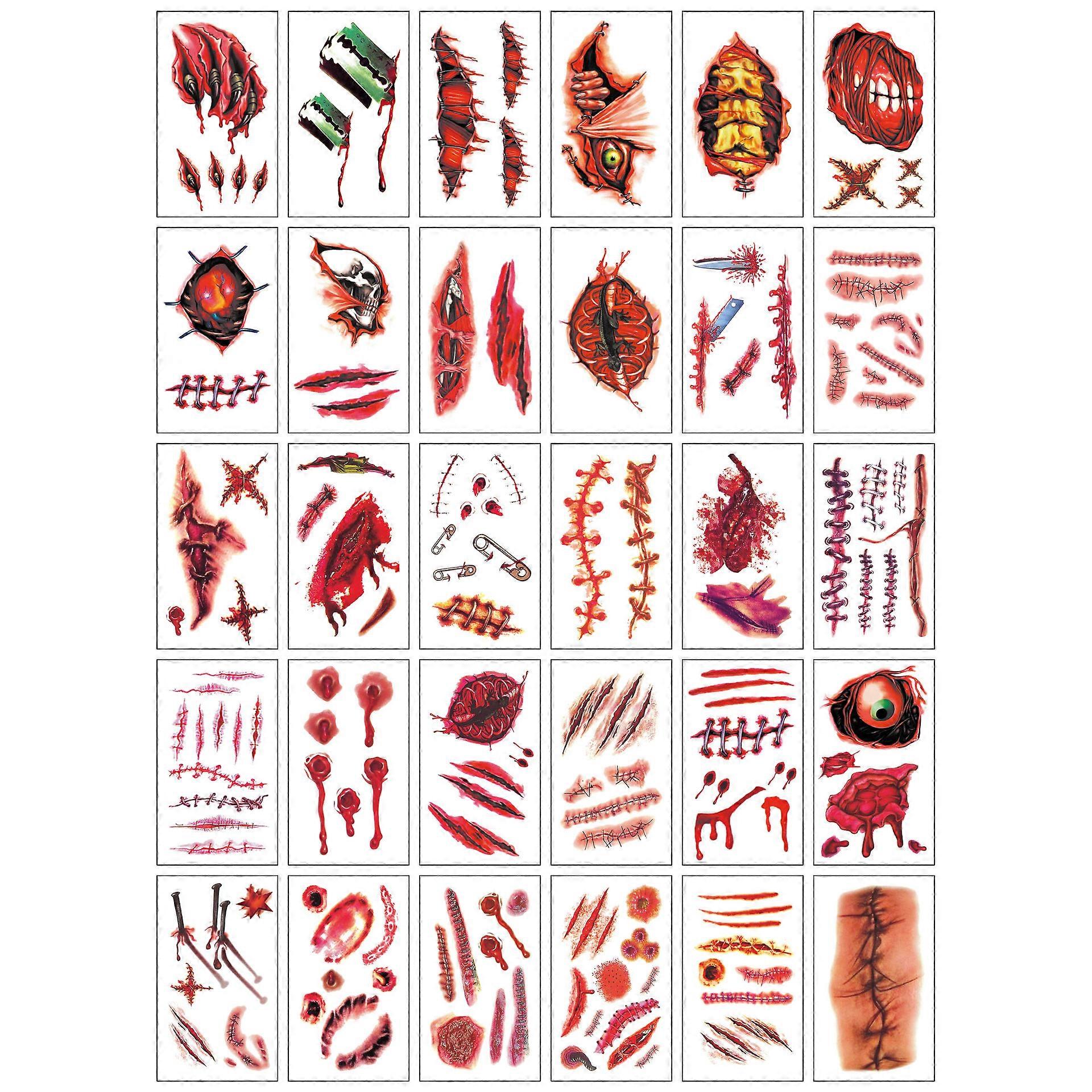 30Pcs Halloween Scar Temporary Tattoos, Tattoo with Horror Fake Bloody ...