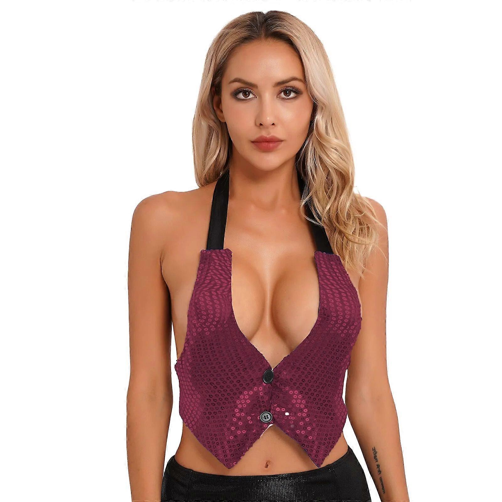 Vests for Womens Glittery Sequin Waistcoat Halter Neck Self-Tie Backless Vest Dance Party ...