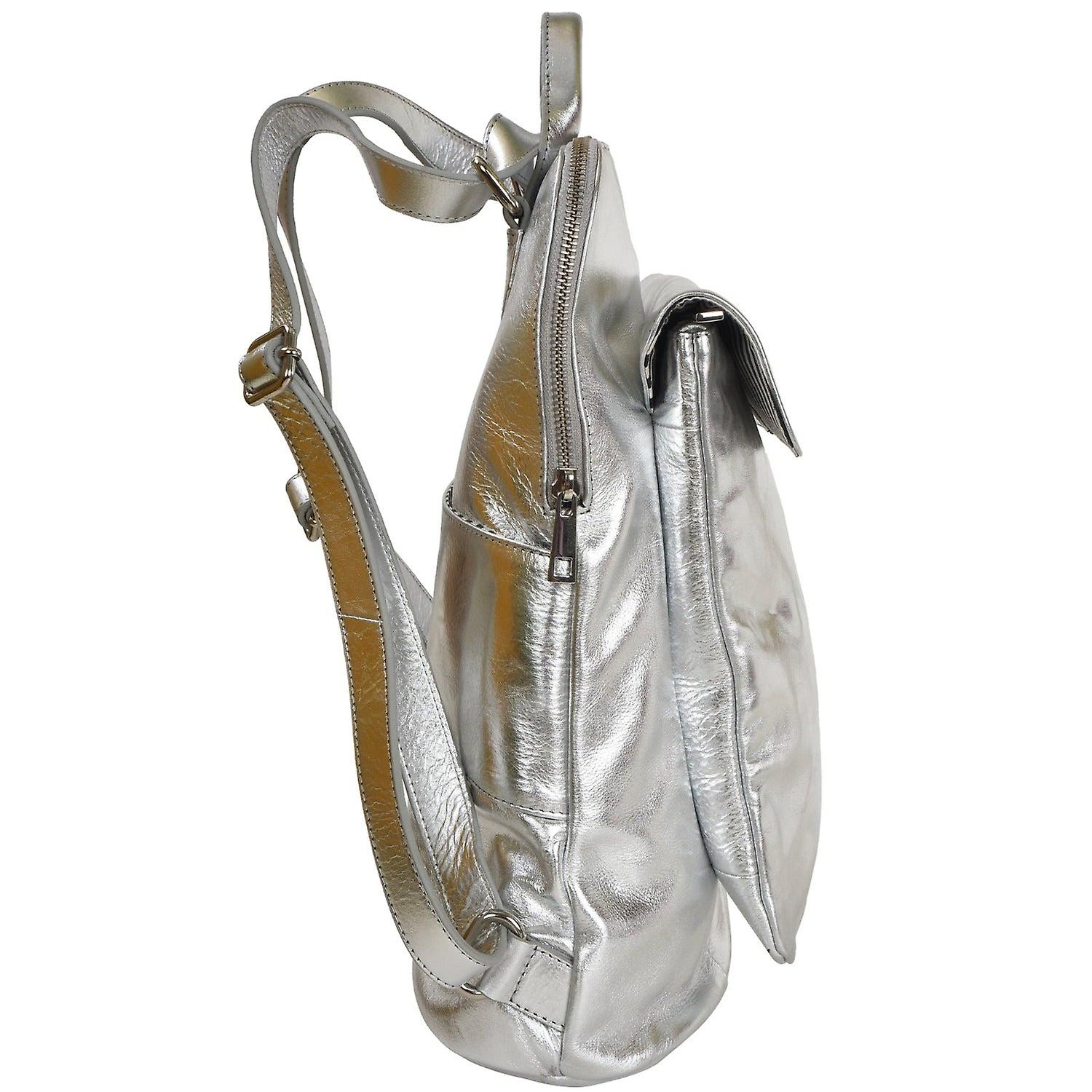 Silver Metallic Leather Flap Pocket Backpack | Fruugo UK