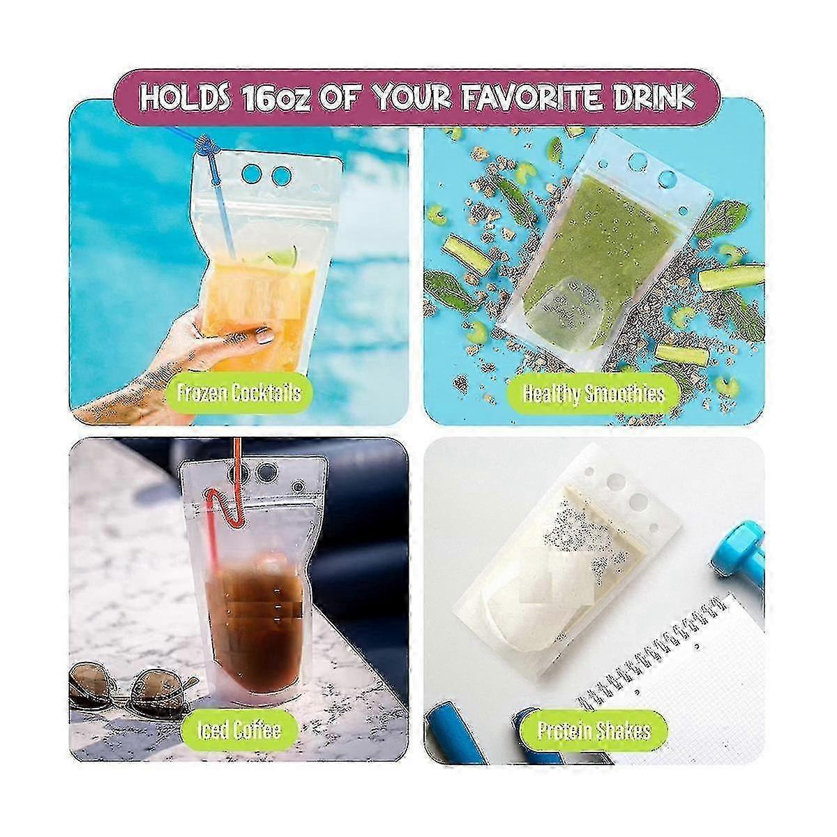 100 Pack 16oz Resealable Drink Pouches with Straws for Adults - Perfect ...