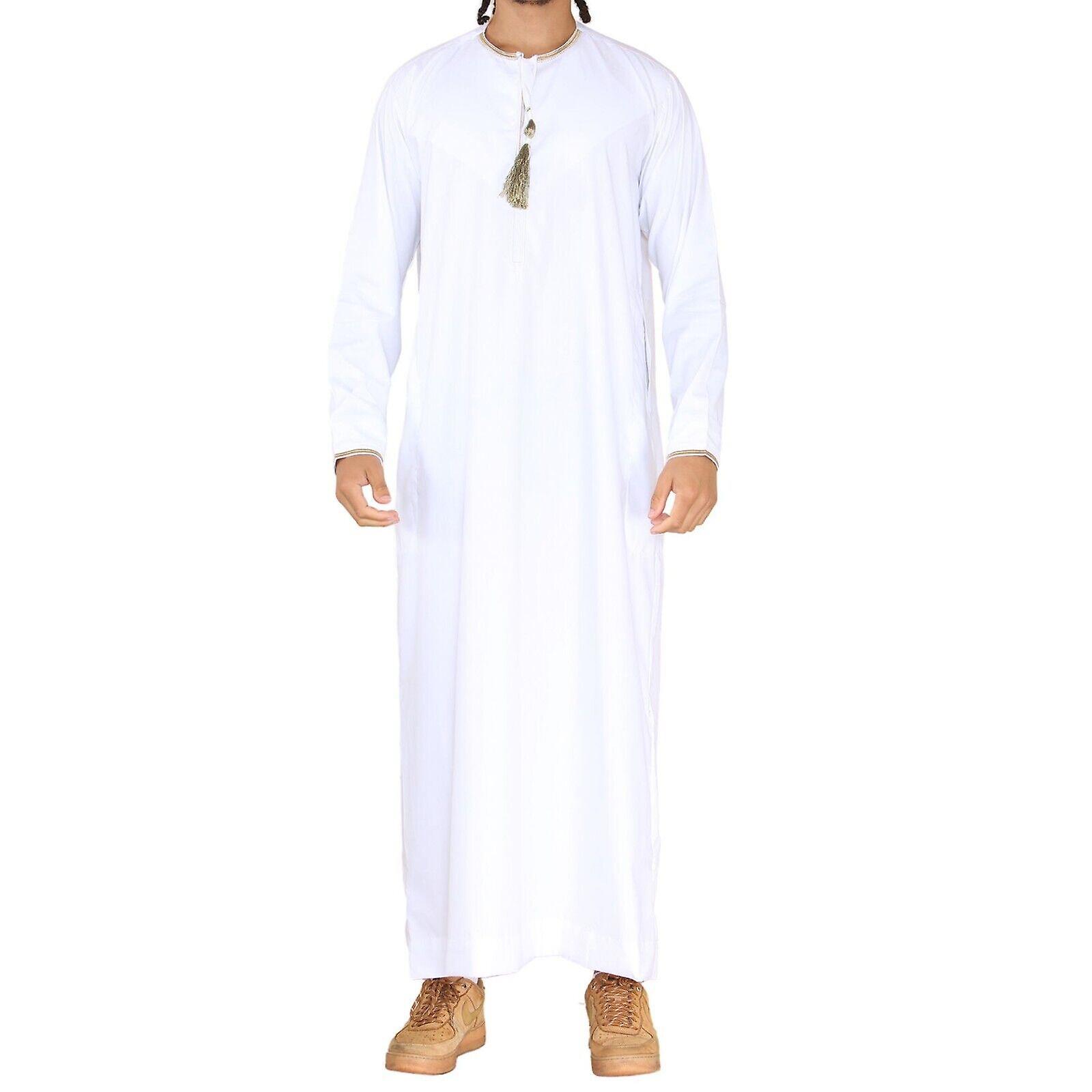 Men's Islamic White Jubba Robe Thobe Arab Eid Kaftan with Tassel ...