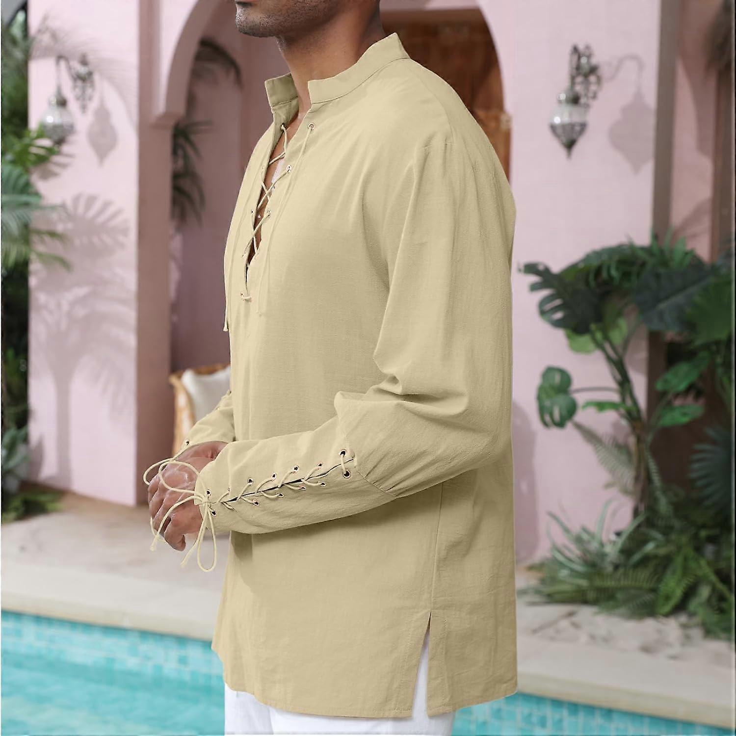 Men's Cotton Linen Shirt Drawstring Arm Banded Tops Medieval Viking ...