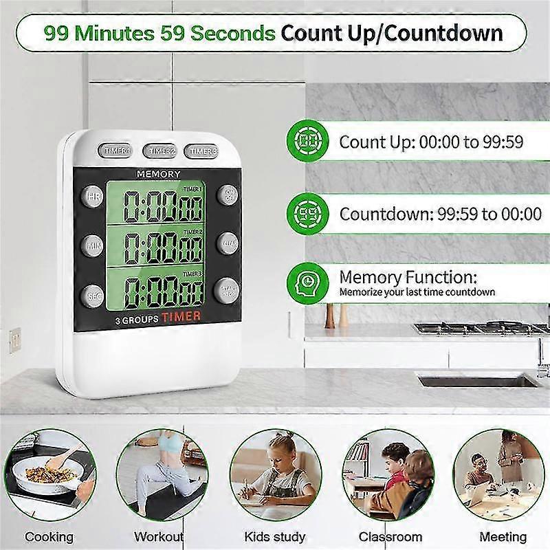 Digital Dual Kitchen Timer, 3 Channels Count UP/Down Timer, Triple Cooking Timer, Large Display ...