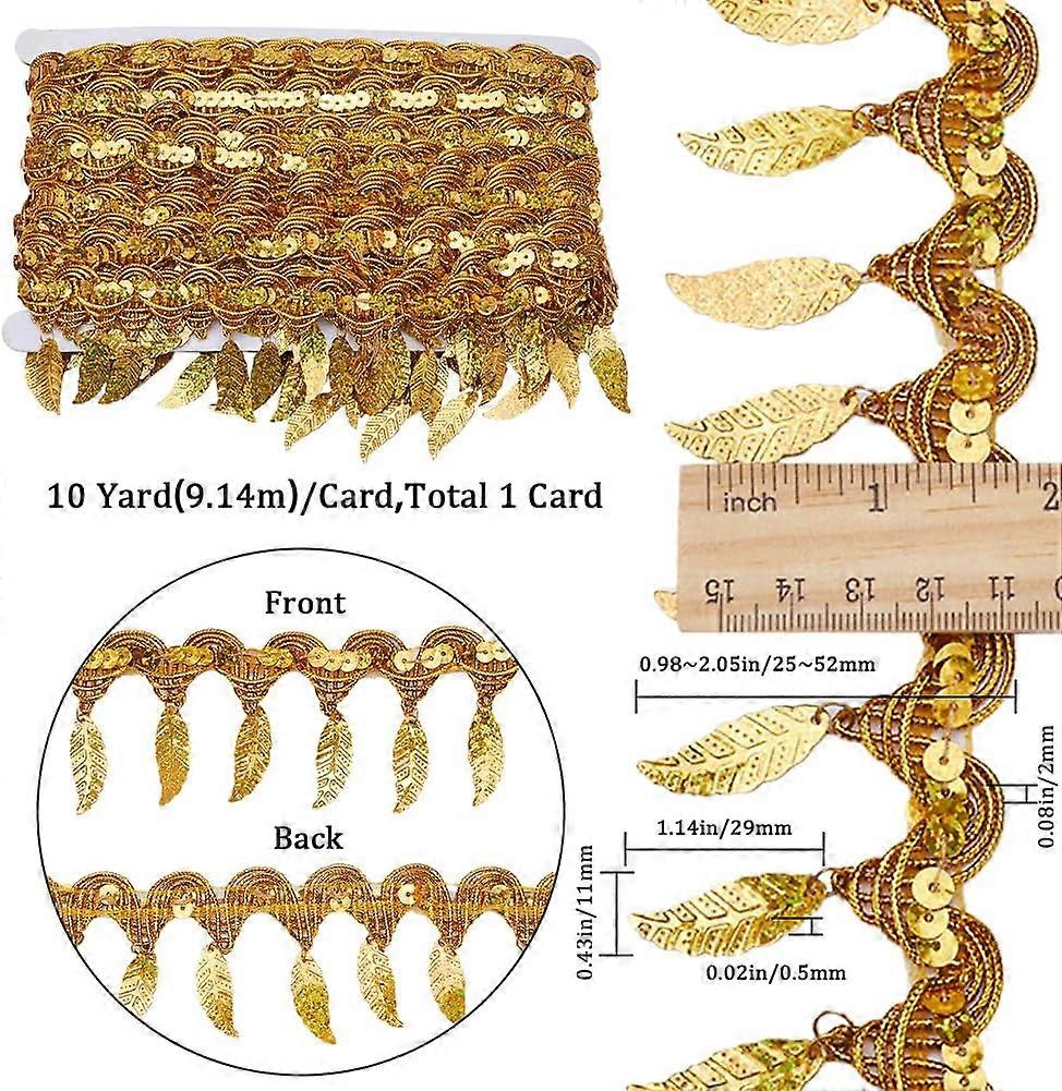 10 Yards Metallic Braided Round Coin Shape Sequin Leaf Tassel Trim Gold ...
