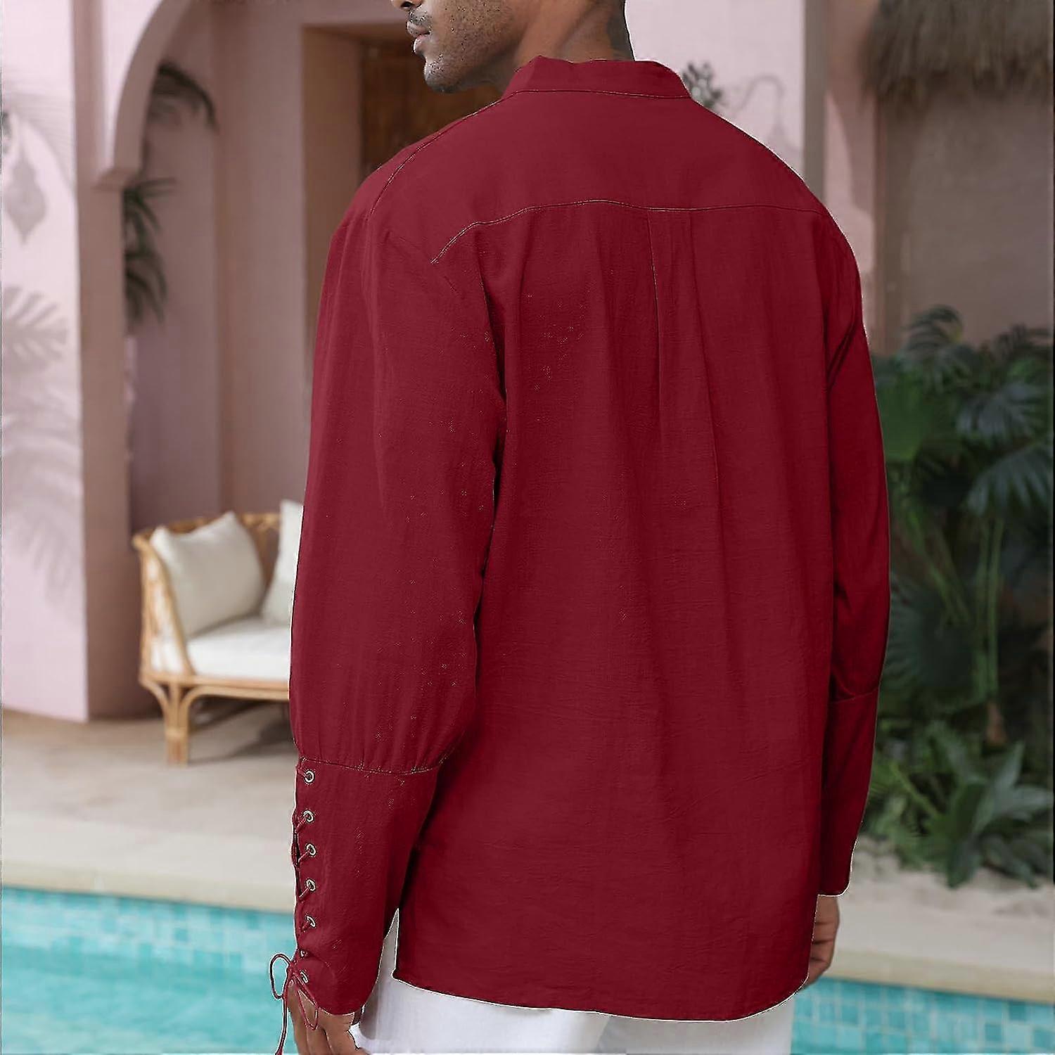 Men's Cotton Linen Shirt Drawstring Arm Banded Tops Medieval Viking ...