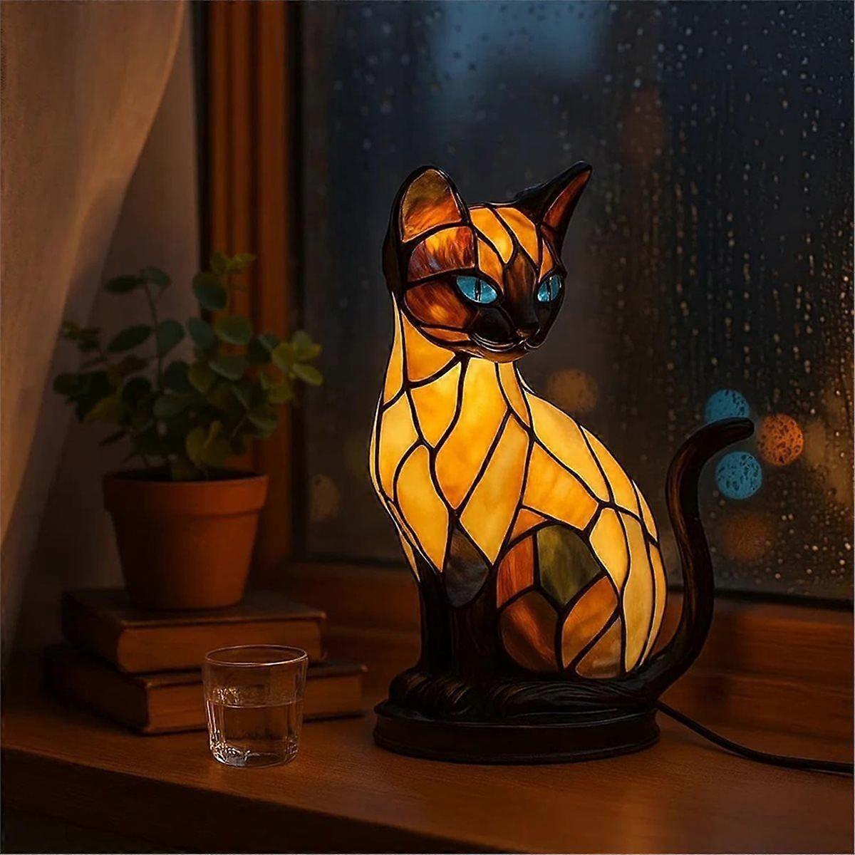 Stained Glass Cat Lamp Cute Animal Resin Night Light LED Bedside Lamp ...