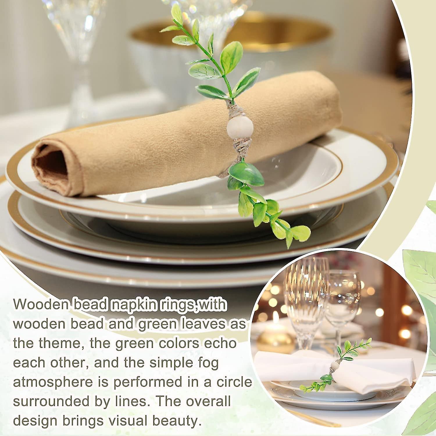 Eucalyptus Napkin Rings Set Of 6, Wood Bead Napkin Rings Farmhouse Leaf ...