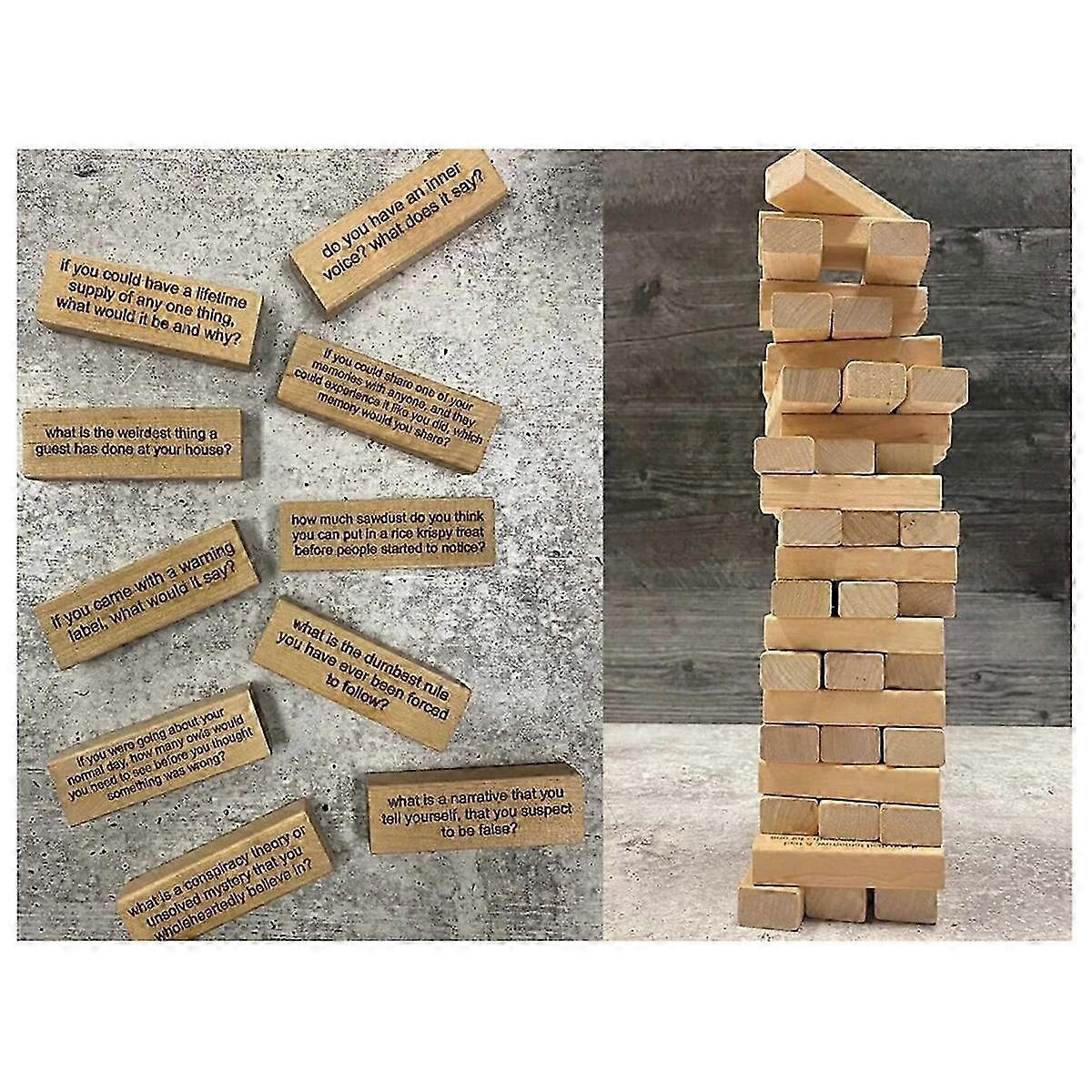 54 Pieces Questions Tumbling Tower Game, Giant Wood Stacking Game with ...