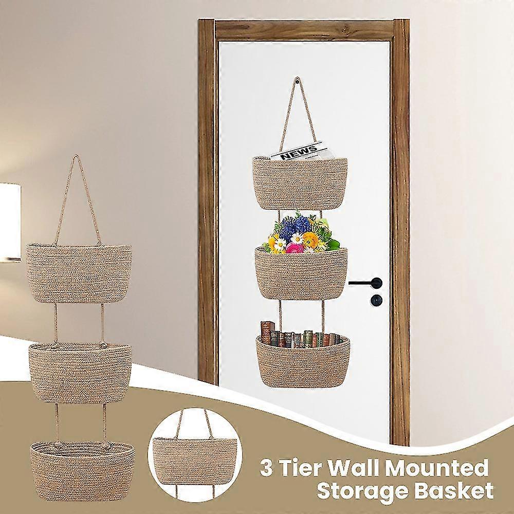 3-tier Woven Storage Basket Wall Mounted Basket For Organizing Living ...