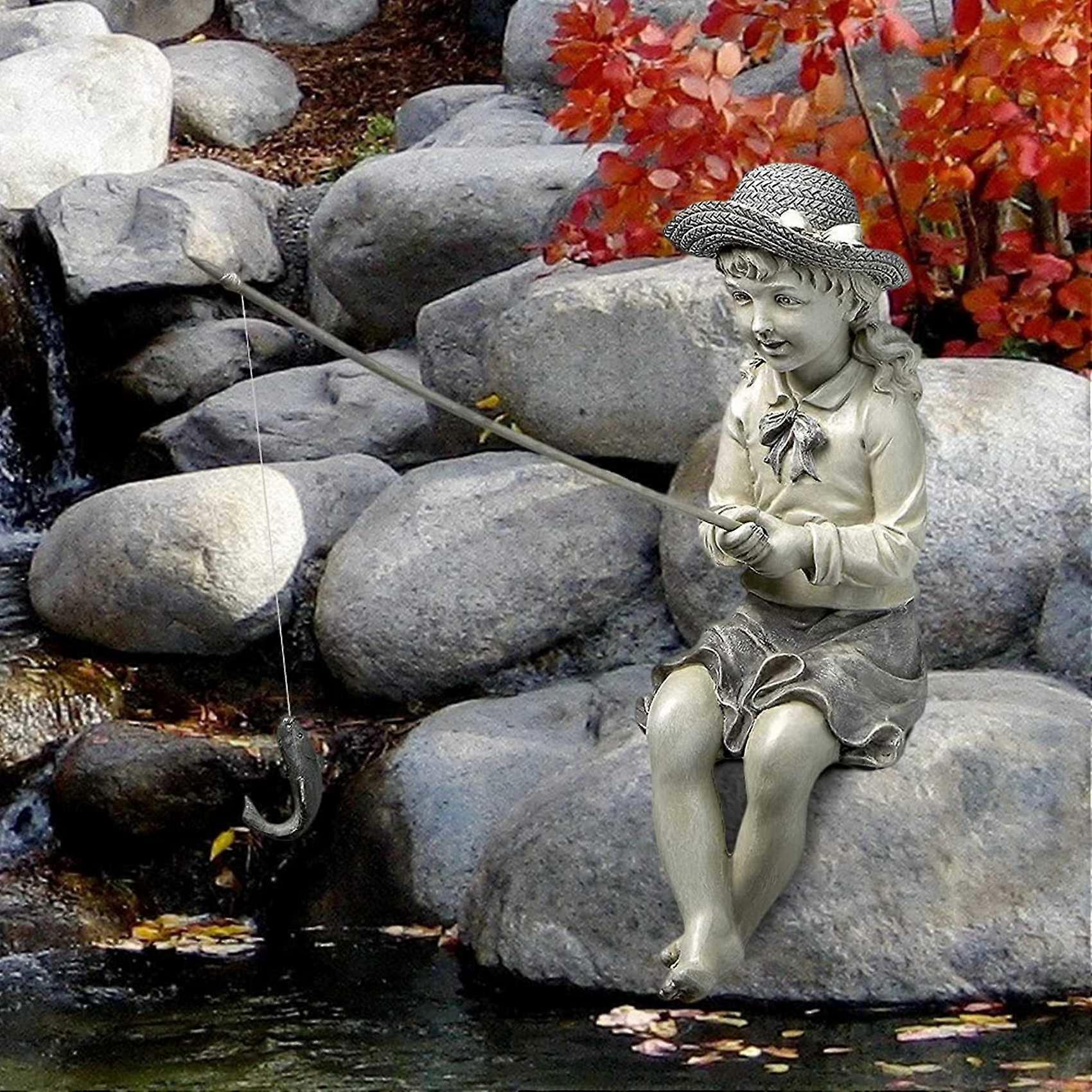 Cartoon Girl Figurine Resin Fisherman Sitting Posture Statue Pool Decor ...