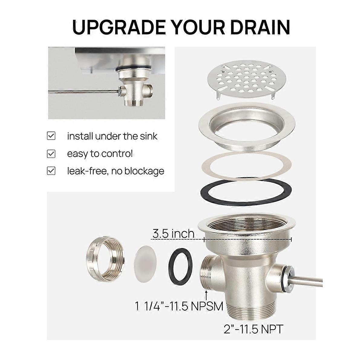 3-1/2inch Commercial Sink Drain with Twist Lever Handle, Waste Drain ...