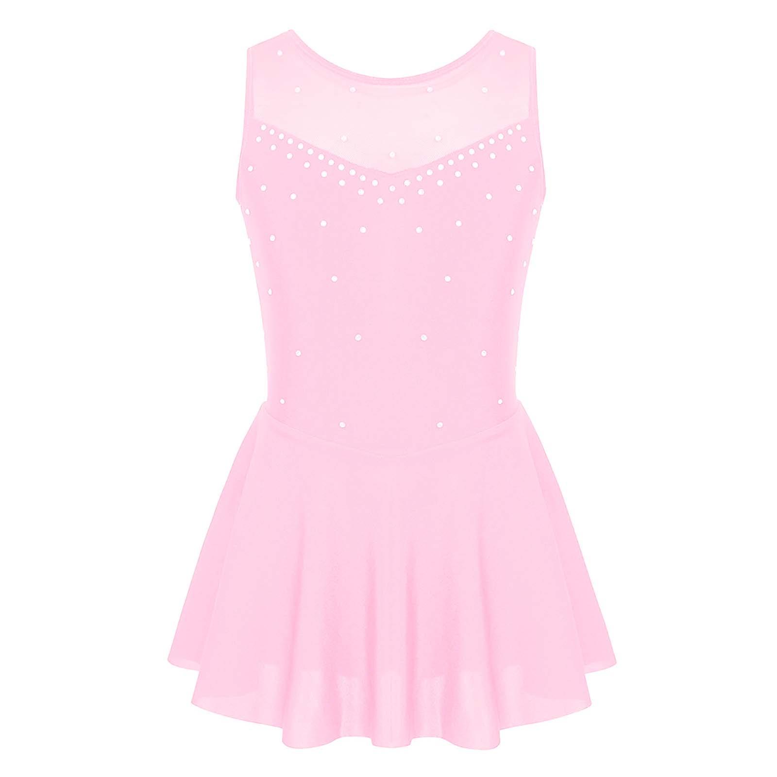 Figure Skating Dress Kids Girls Rhinestone Mesh Splice Ballet Dance ...