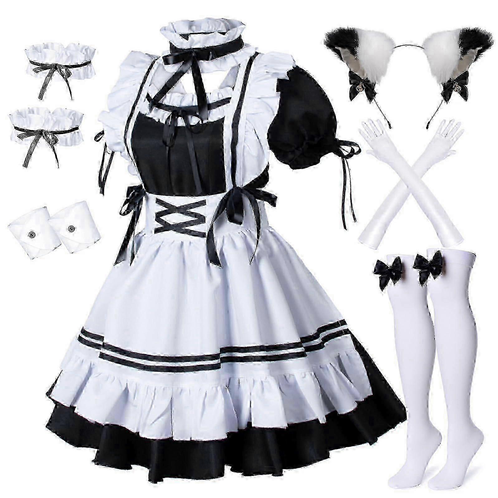 Anime French Maid Apron Lolita Fancy Dress Cosplay Costume Furry Cat ...