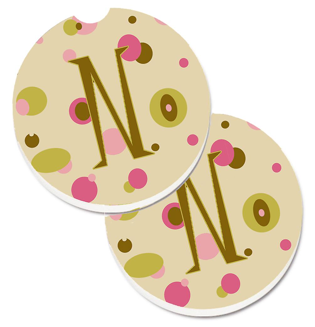 Letter N Initial Monogram - Tan Dots Set of 2 Cup Holder Car Coasters ...