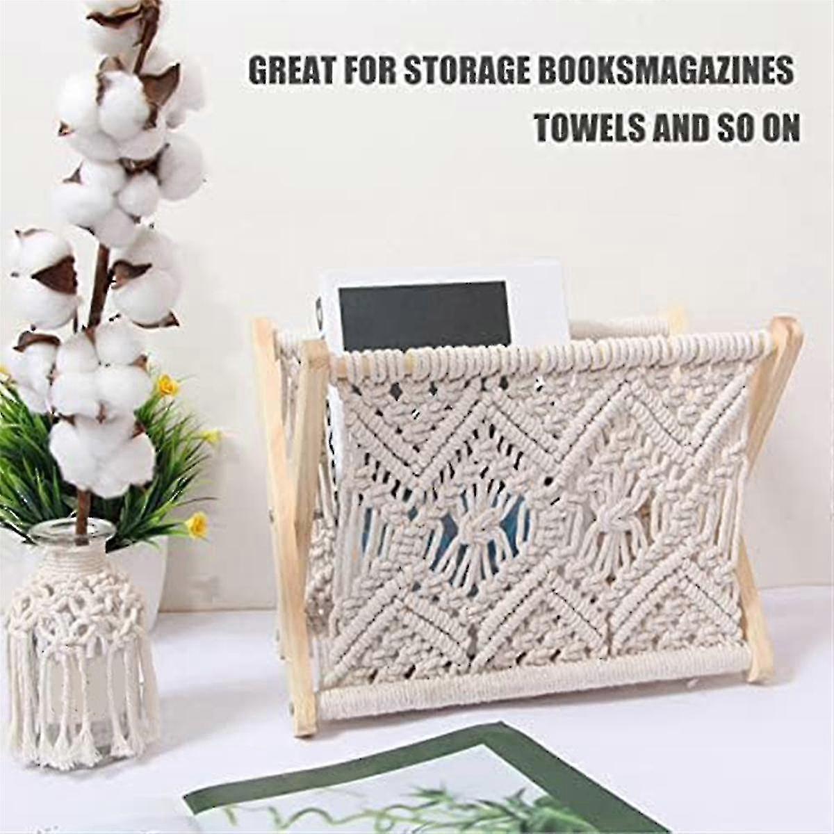 Boho Magazine Rack, Rope Woven Newspaper Rack, Magazine Baskets with ...
