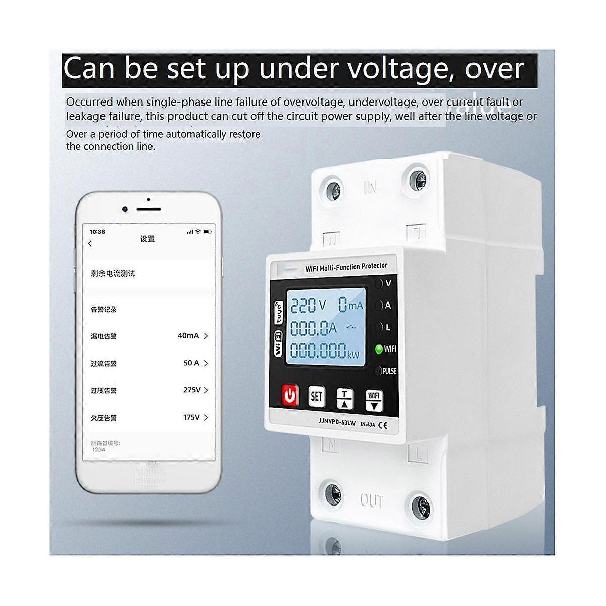 63A TUYA WiFi Smart Earth Leakage Over Under Voltage Protector Relay ...