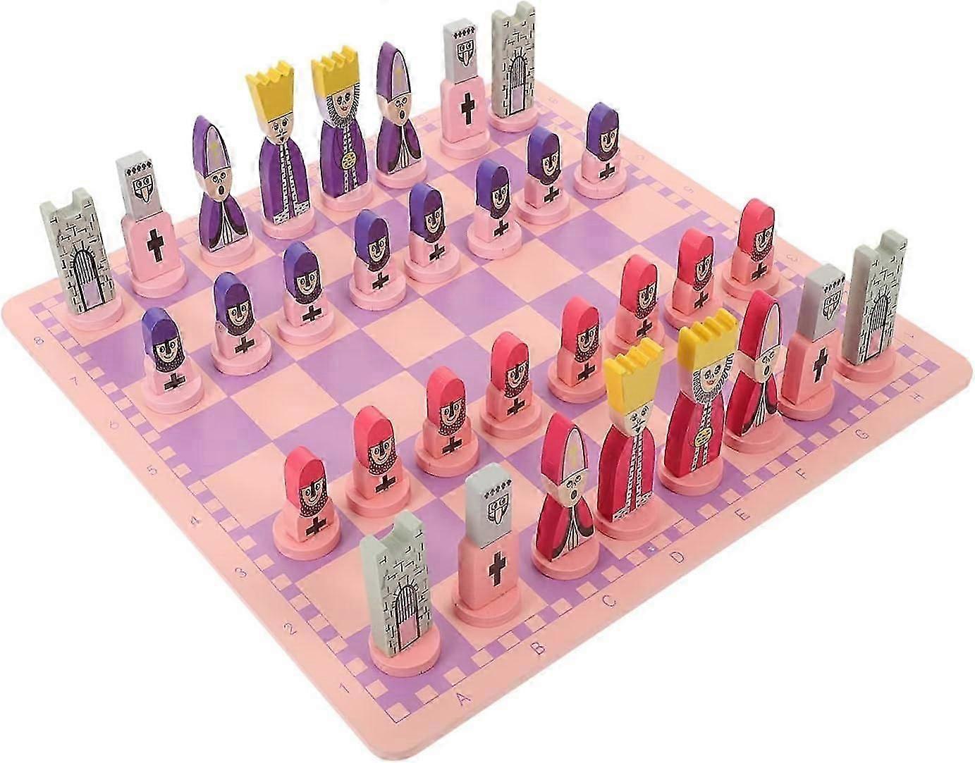 Wooden Chess Set, 11.8 Inch Cartoon Travel Chess Set Pink Chess Board ...