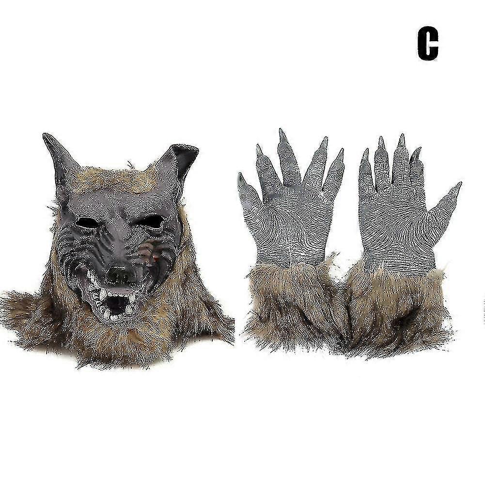 Halloween Latex Rubber Wolf Head Hair Mask Werewolf Gloves Costume ...