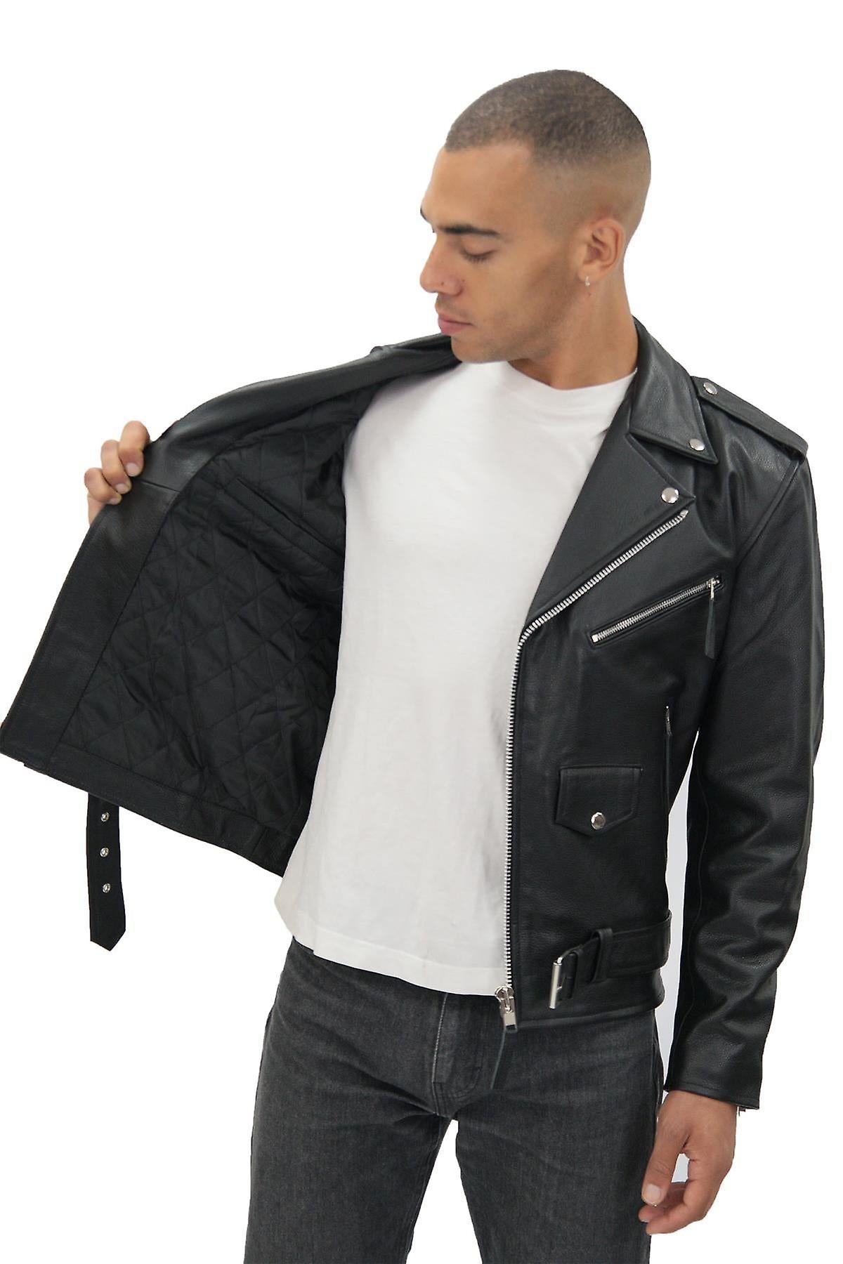 Mens Leather Black Brando Biker Rock Motorcycle Hide Jacket | Fruugo UK