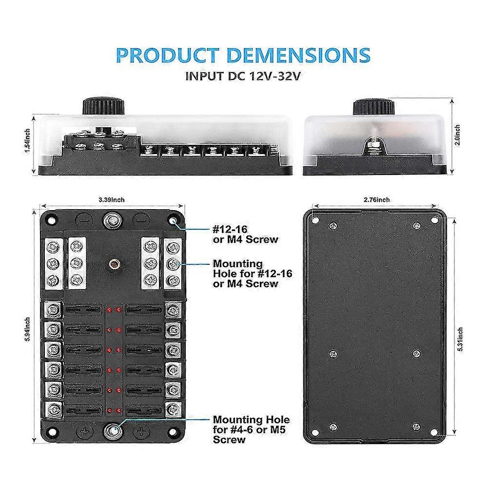 12 Way 12v Fuse Box 12volt Blade Fuse Block Holder, 12 Circuit W/negative Bus Waterproof Fuse ...