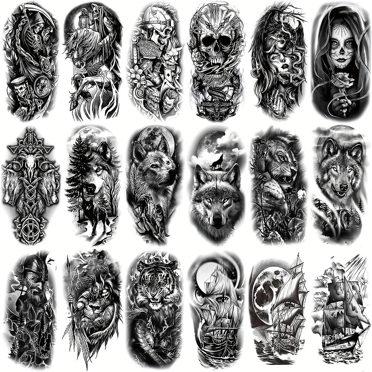 Junge* Half Arm Temporary Tattoo Stickers, Skull Wolf Tiger Bridal ...