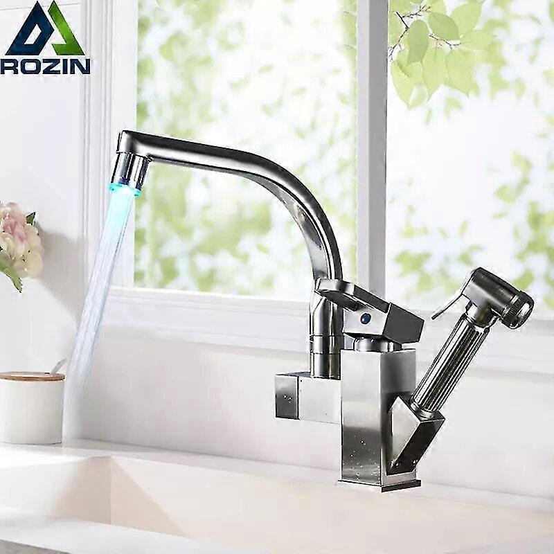 Exquisite Brushed Nickel Kitchen Faucet Led Light Spout Pull Out ...