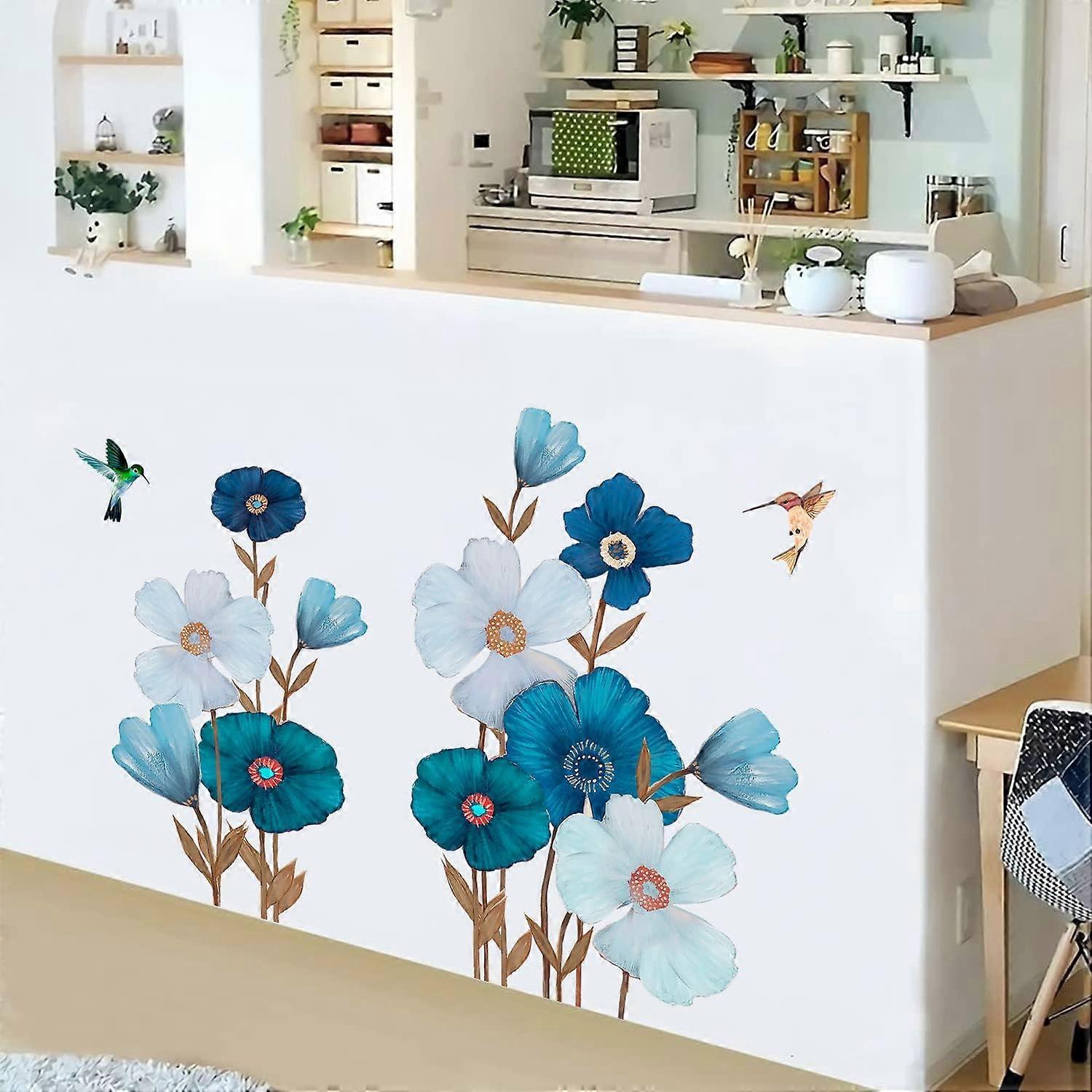 Blue White Flower Wall Sticker Large Floral Plant Wall Decal Flying ...