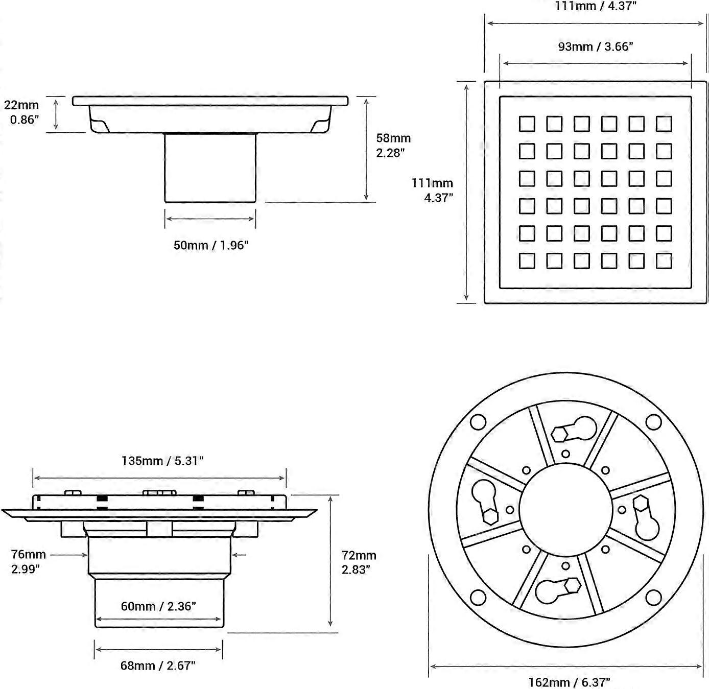 Square 4" (110MM) Shower Drain with Adjustable Shower Drain Base Flange ...