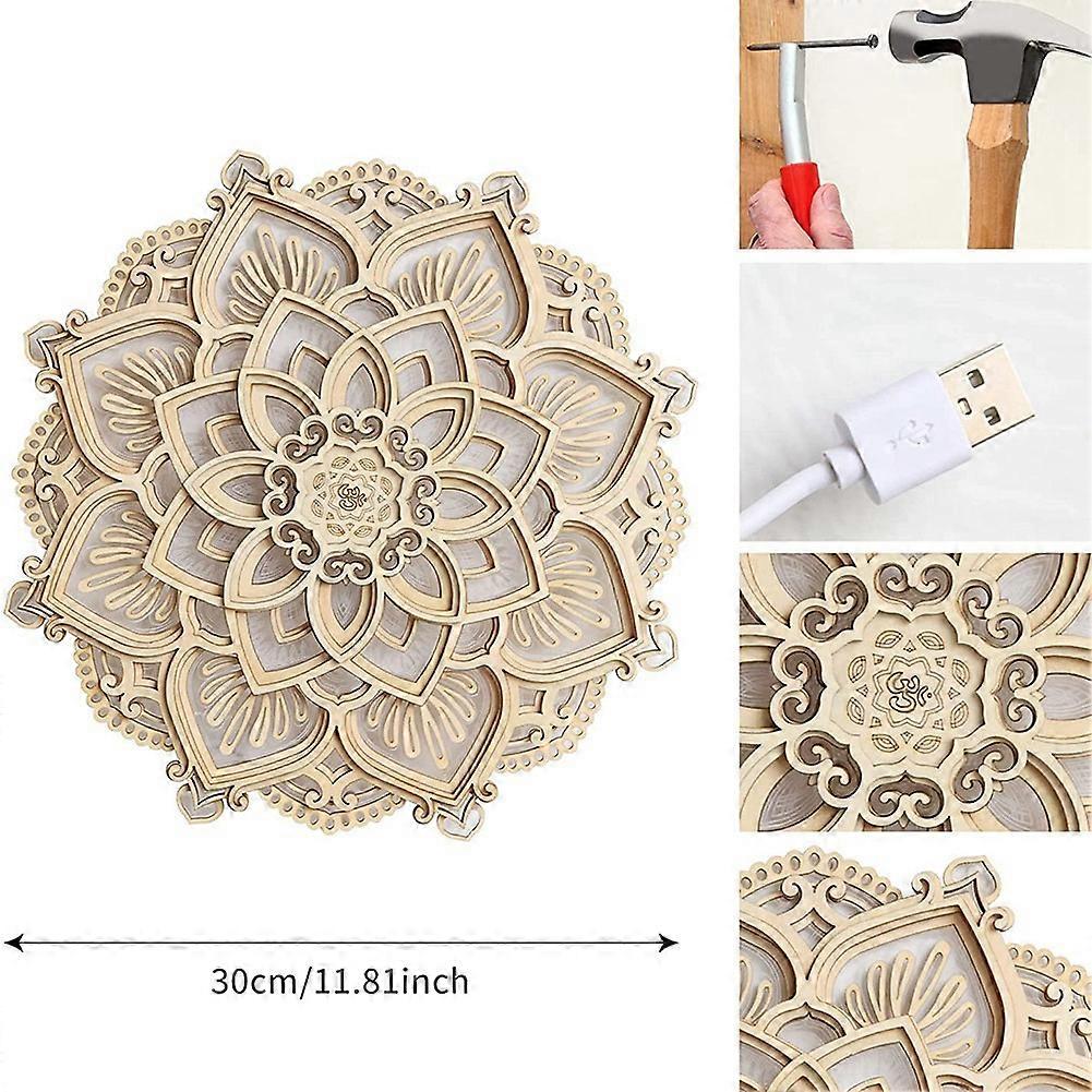 LED Night Light Modern Wall Decor with USB Ports Elegant Wooden Mandala ...