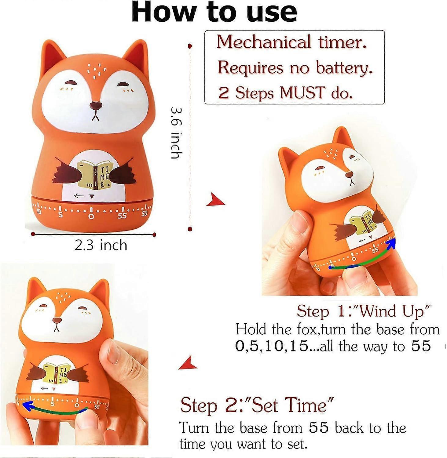 (Orange Fox)Mechanical Kitchen Timer, Cute Animal Timer for Kids, Wind ...