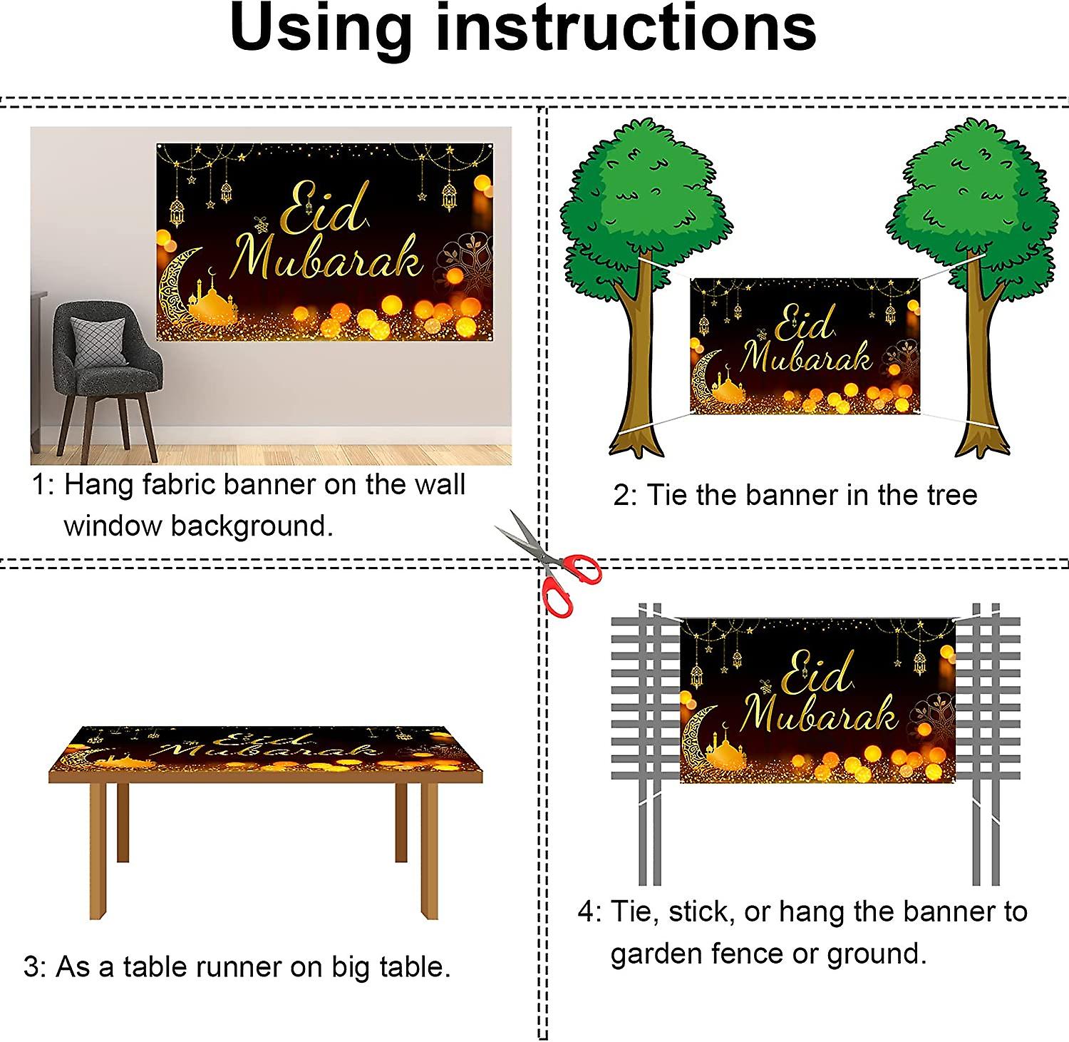 Eid Mubarak Banner For Eid Mubarak Party Decoration Black Gold Fabric ...