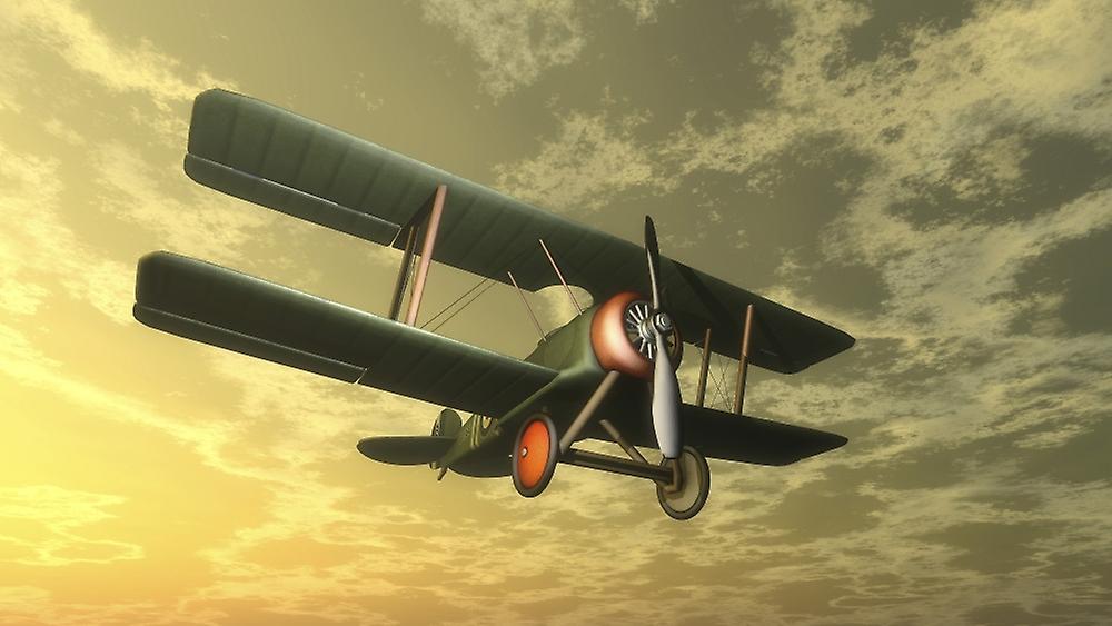 Biplane flying in the sky by sunset. Poster | Fruugo FR