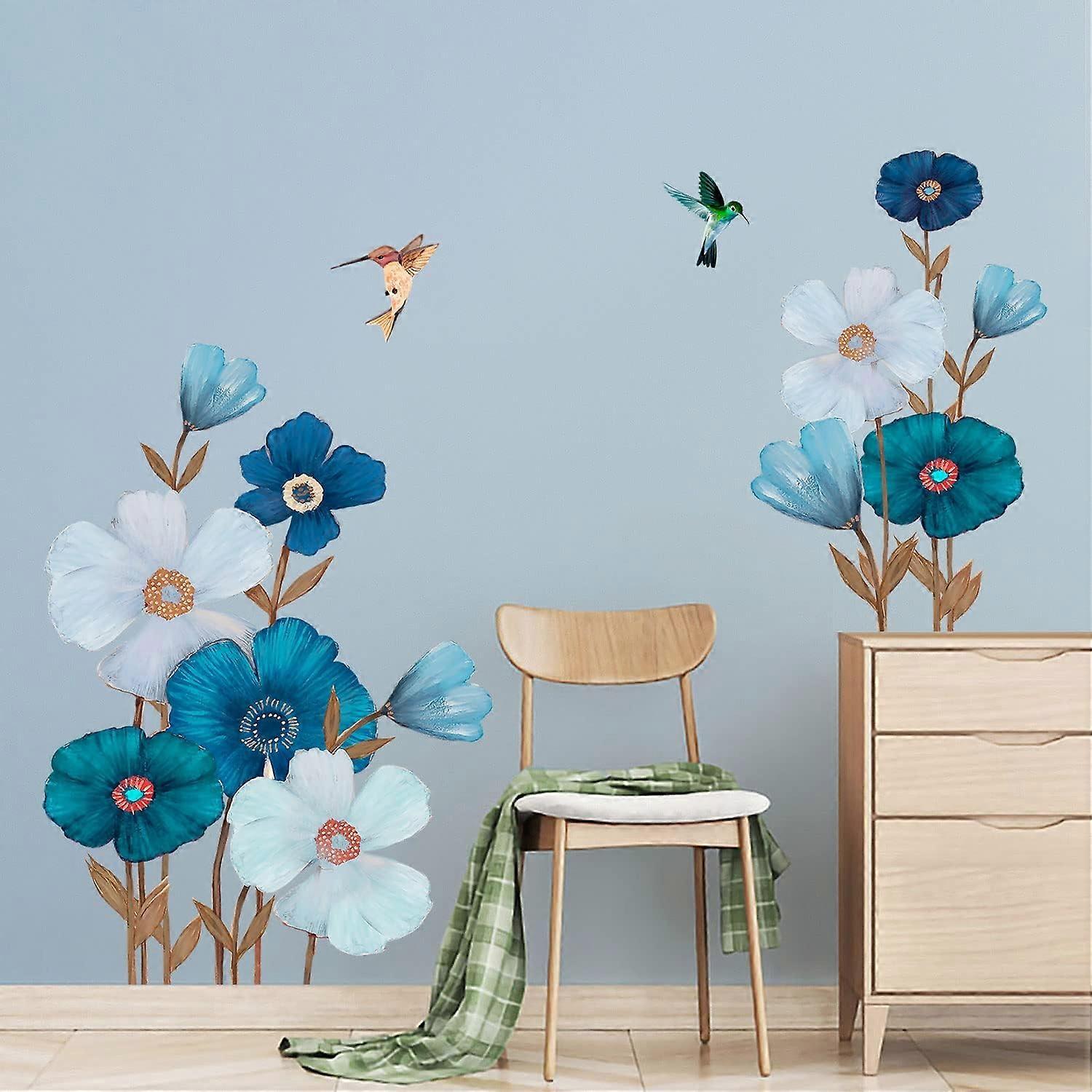 Blue White Flower Wall Sticker Large Floral Plant Wall Decal Flying ...