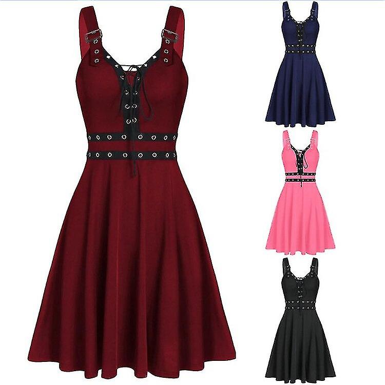 Kvinders Mini Gothic Punk Ærmeløs Rem Slyngekjole Elegant Bandage Sexet Deep V Neck Strap Rygløs ...