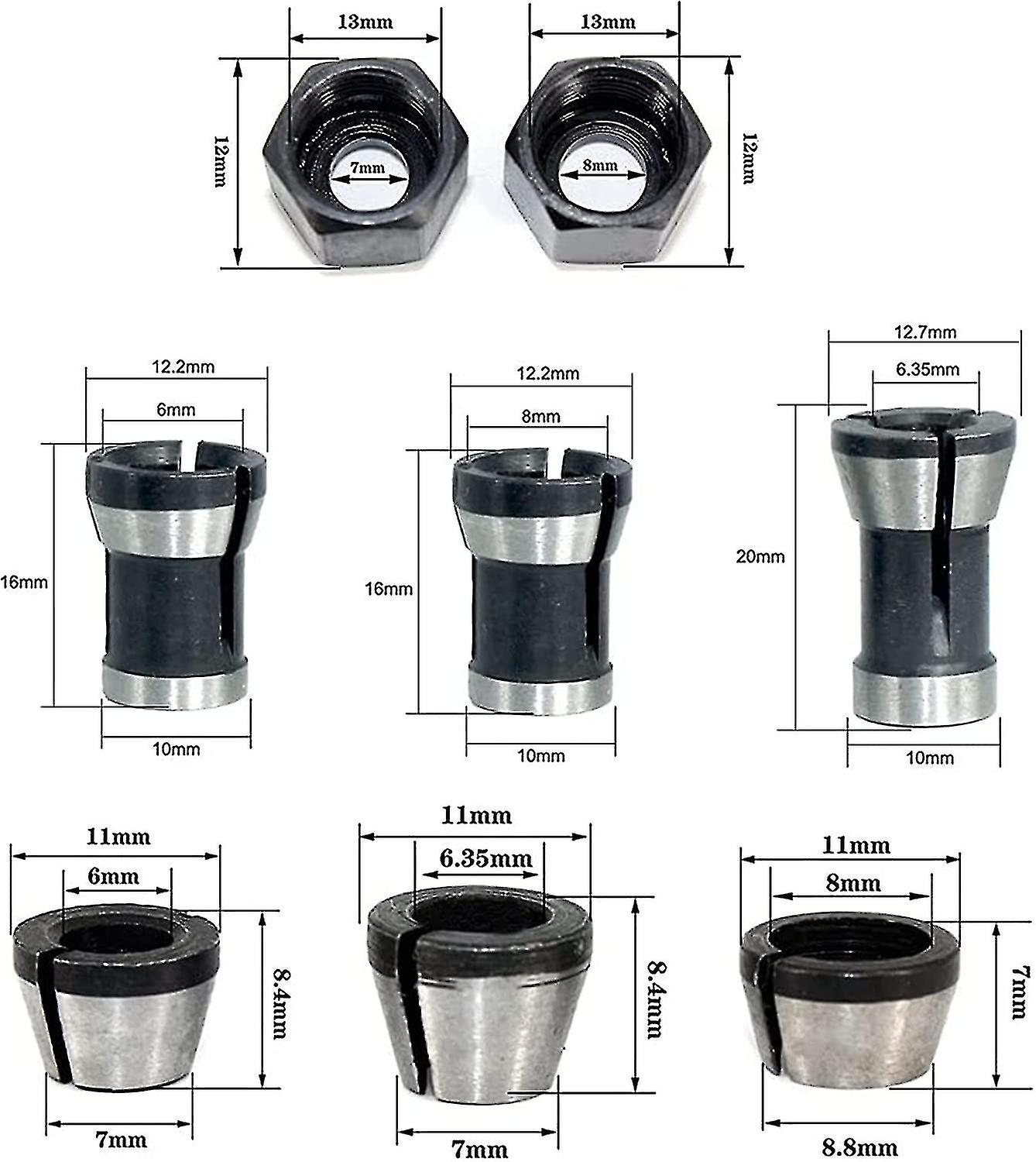 6pcs Milling Chuck, 6mm 6.35mm 8mm Collet Trimmer Chuck, Wood Router ...