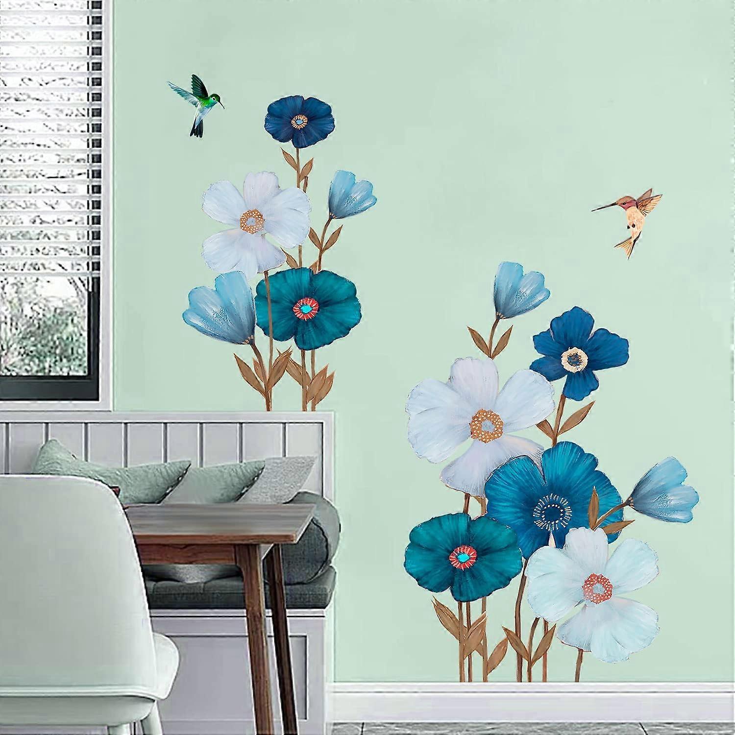 Blue White Flower Wall Sticker Large Floral Plant Wall Decal Flying ...