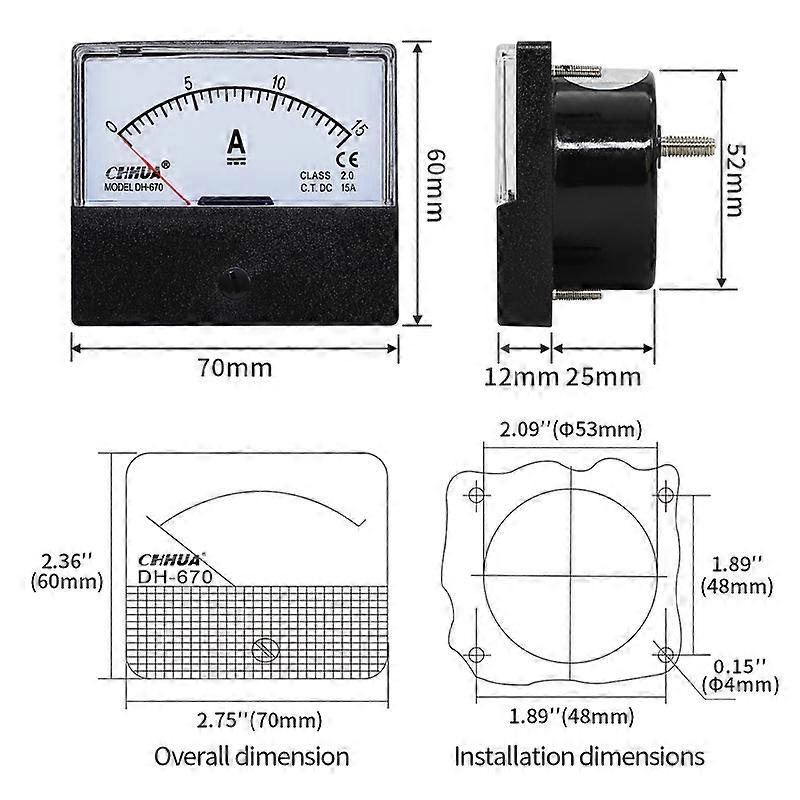 Anlog Amp Meter DH-670 DC Ammeter Gauge Current Meter Panel Ampere ...