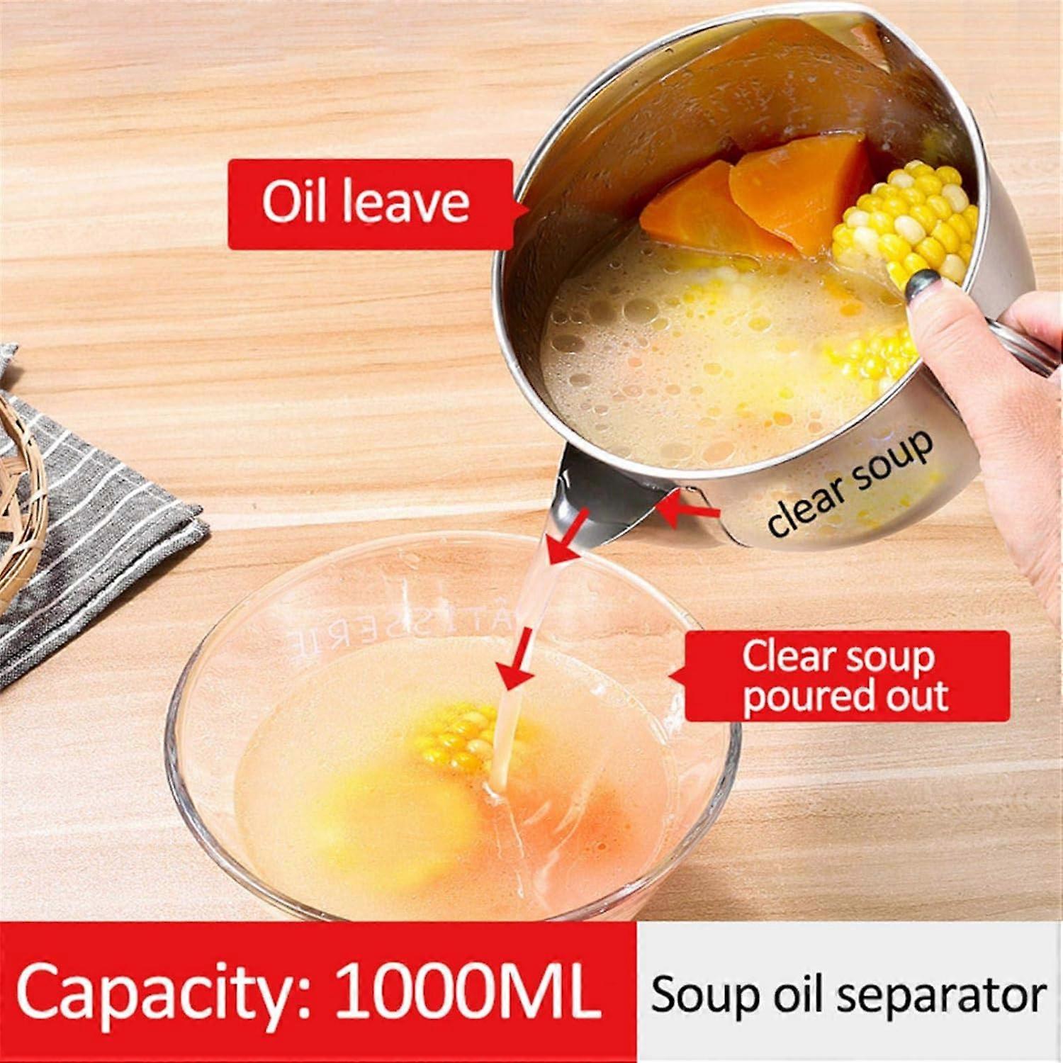 Stainless Steel Oil Separator 1000ML Kitchen Cooking Tool with Removable Filter and Easy Pour ...