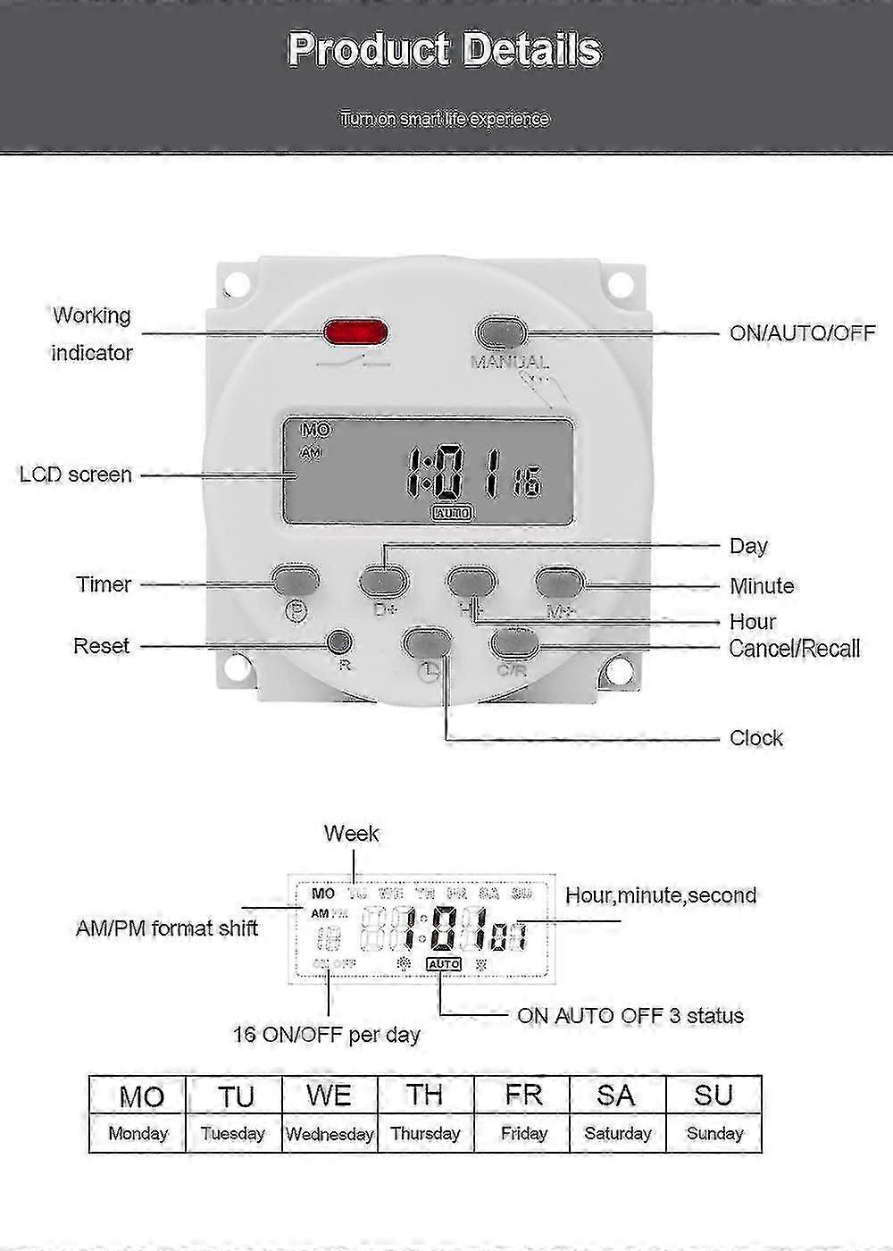 Cn101a 12v 24v 110v 220v Digital Timer Switch 7 Days Weekly Programmable Time Relay Programmer ...
