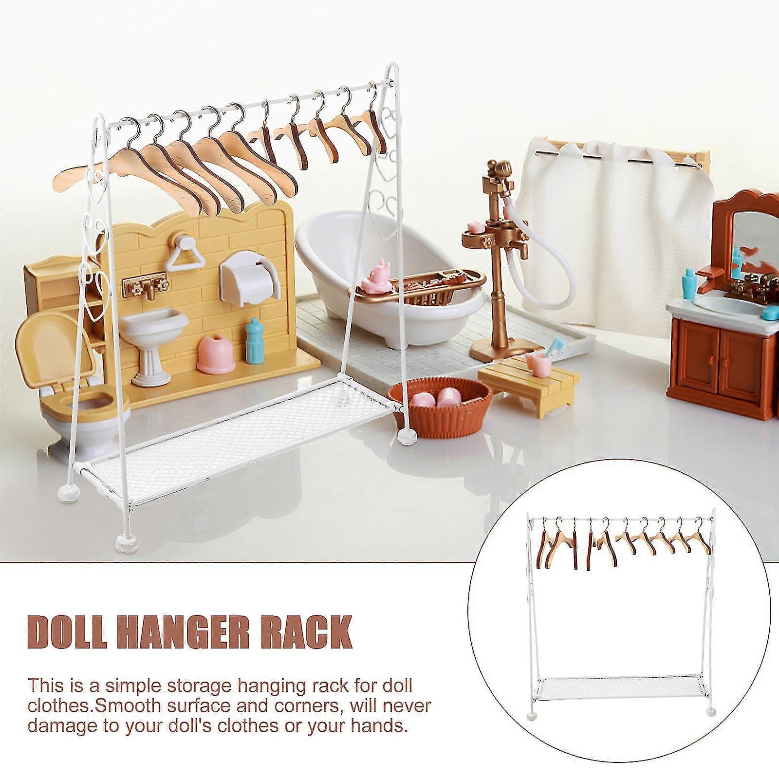 1 Set Of Doll House Clothes Standing Rack With Wood Hanger Clothes ...