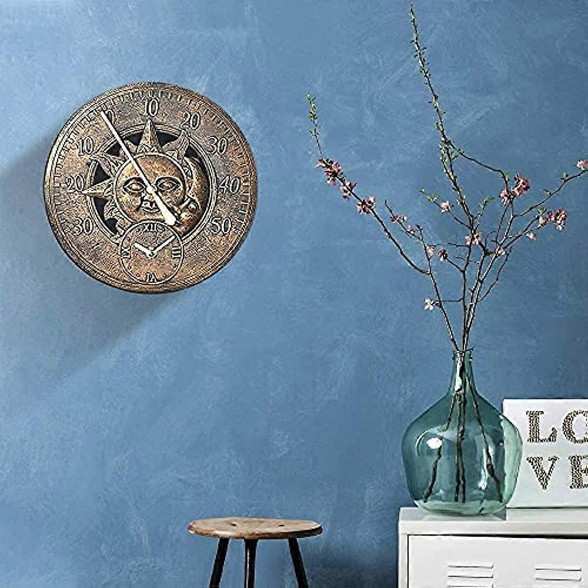 Garden Thermometer Clock Analogue Wall Bronze Sun & Moon 30cm Clock ...